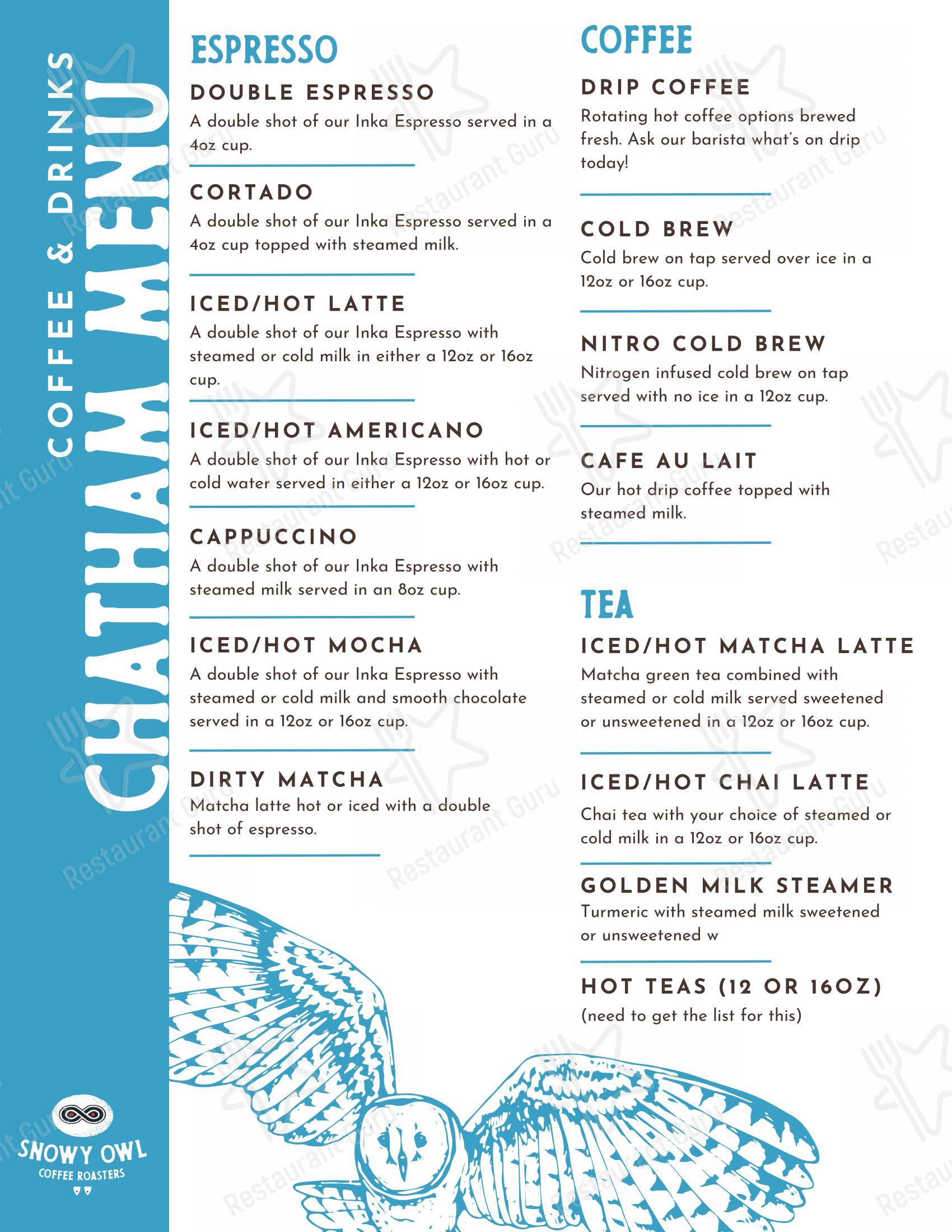Menu at Snowy Owl Coffee House, Brewster