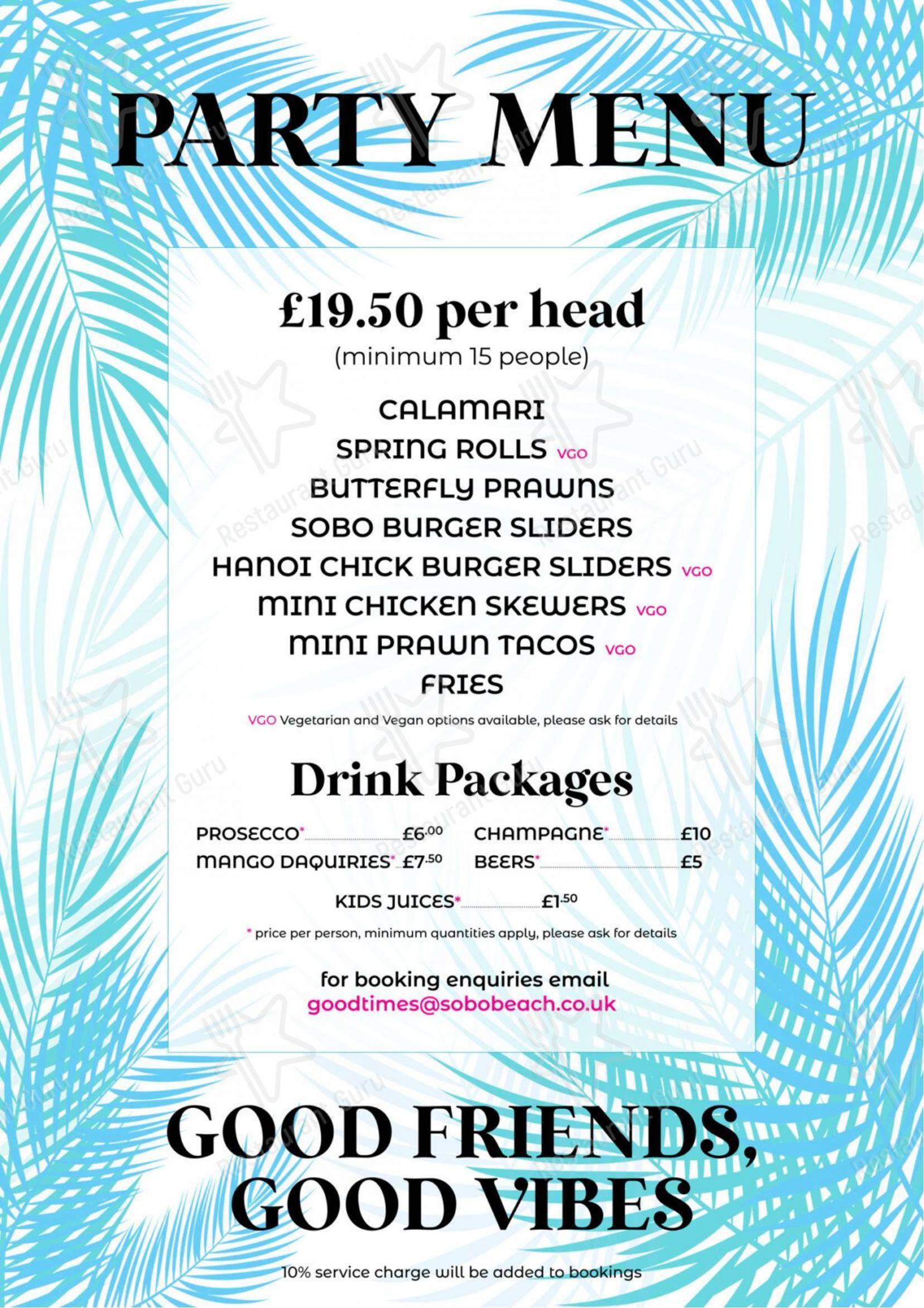 Menu at Sobo Beach pub & bar, Bournemouth