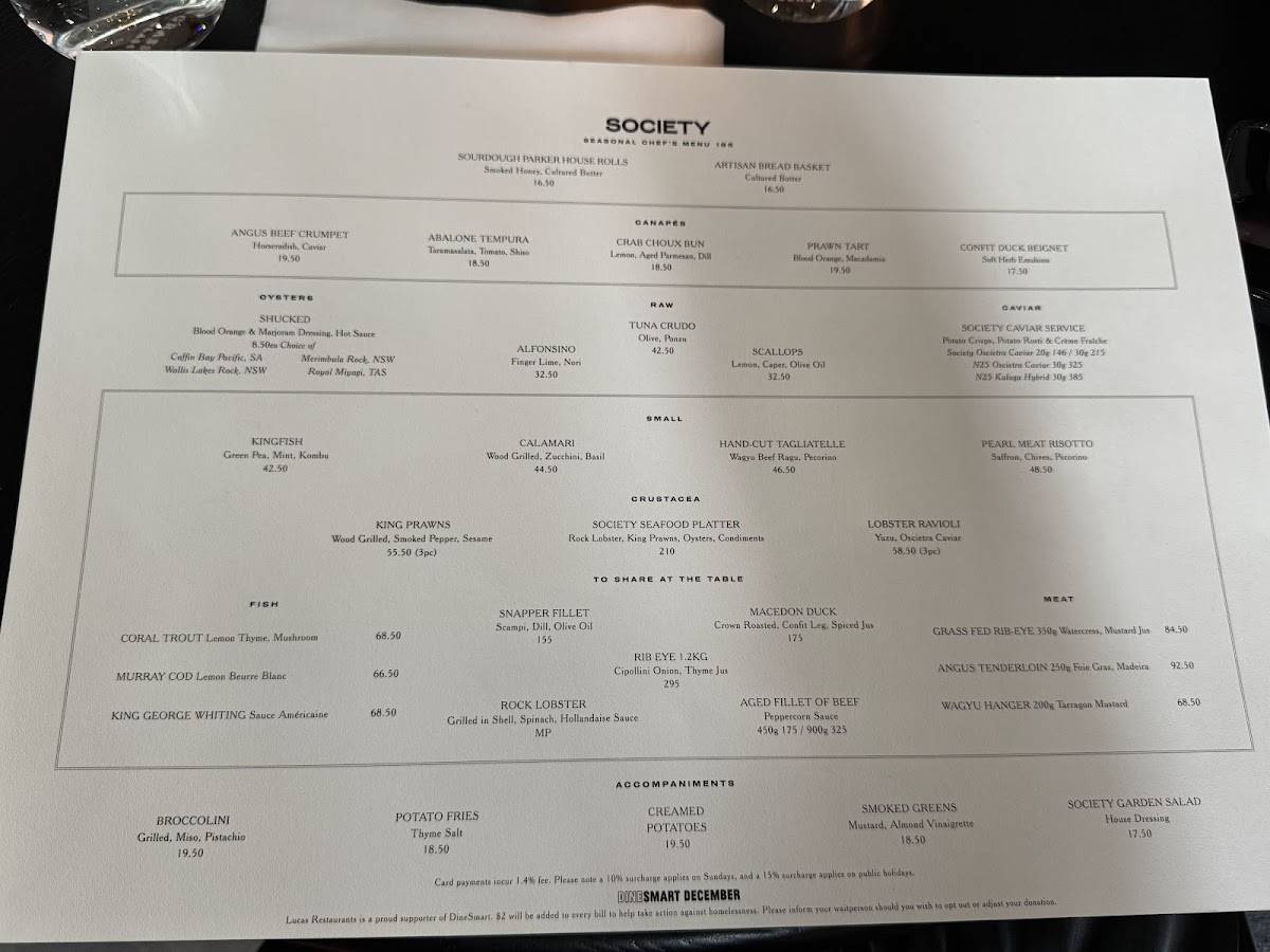 Menu at Society restaurant, Melbourne, 80 Collins St