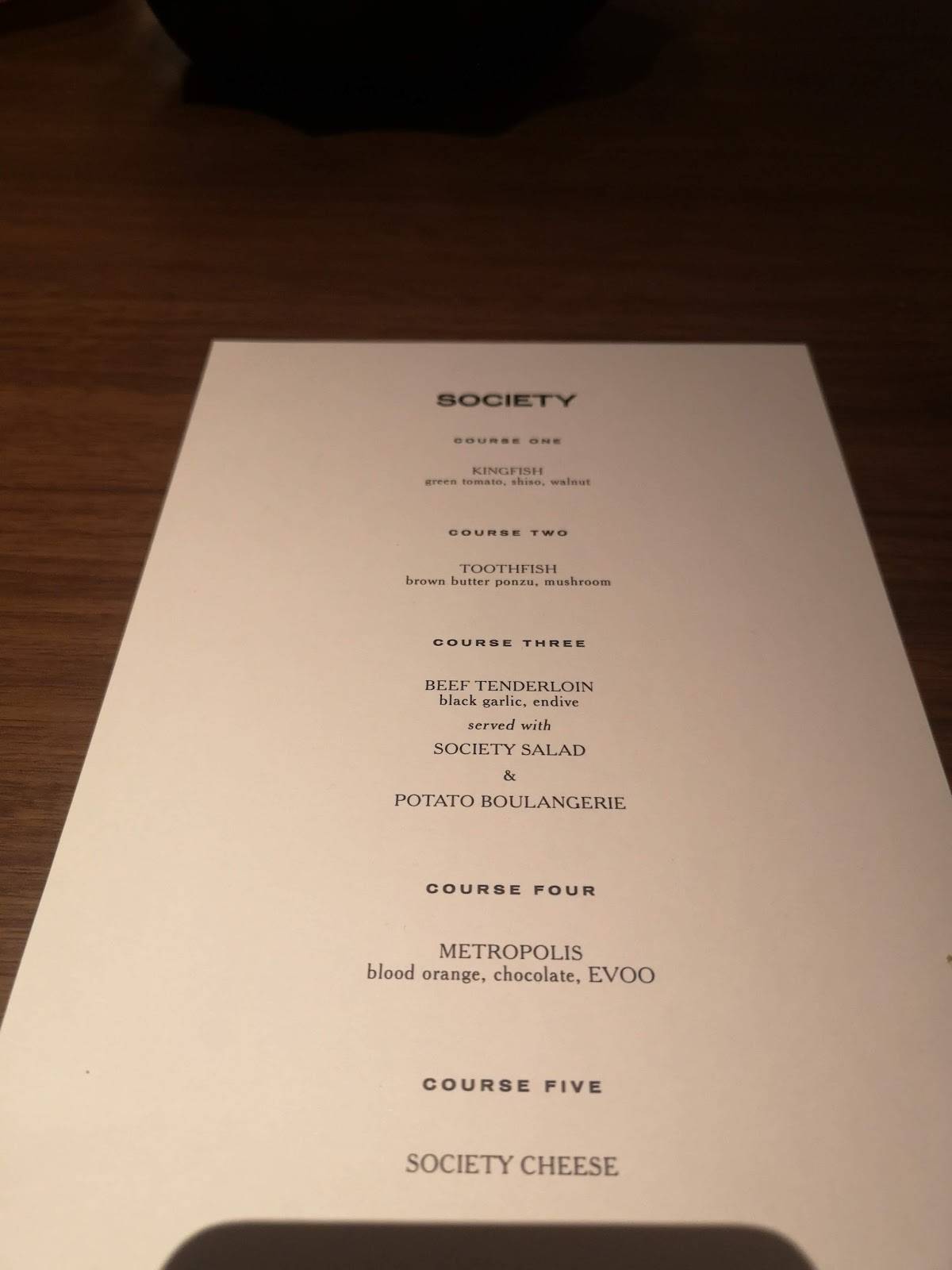 Menu at Society restaurant, Melbourne, 80 Collins St