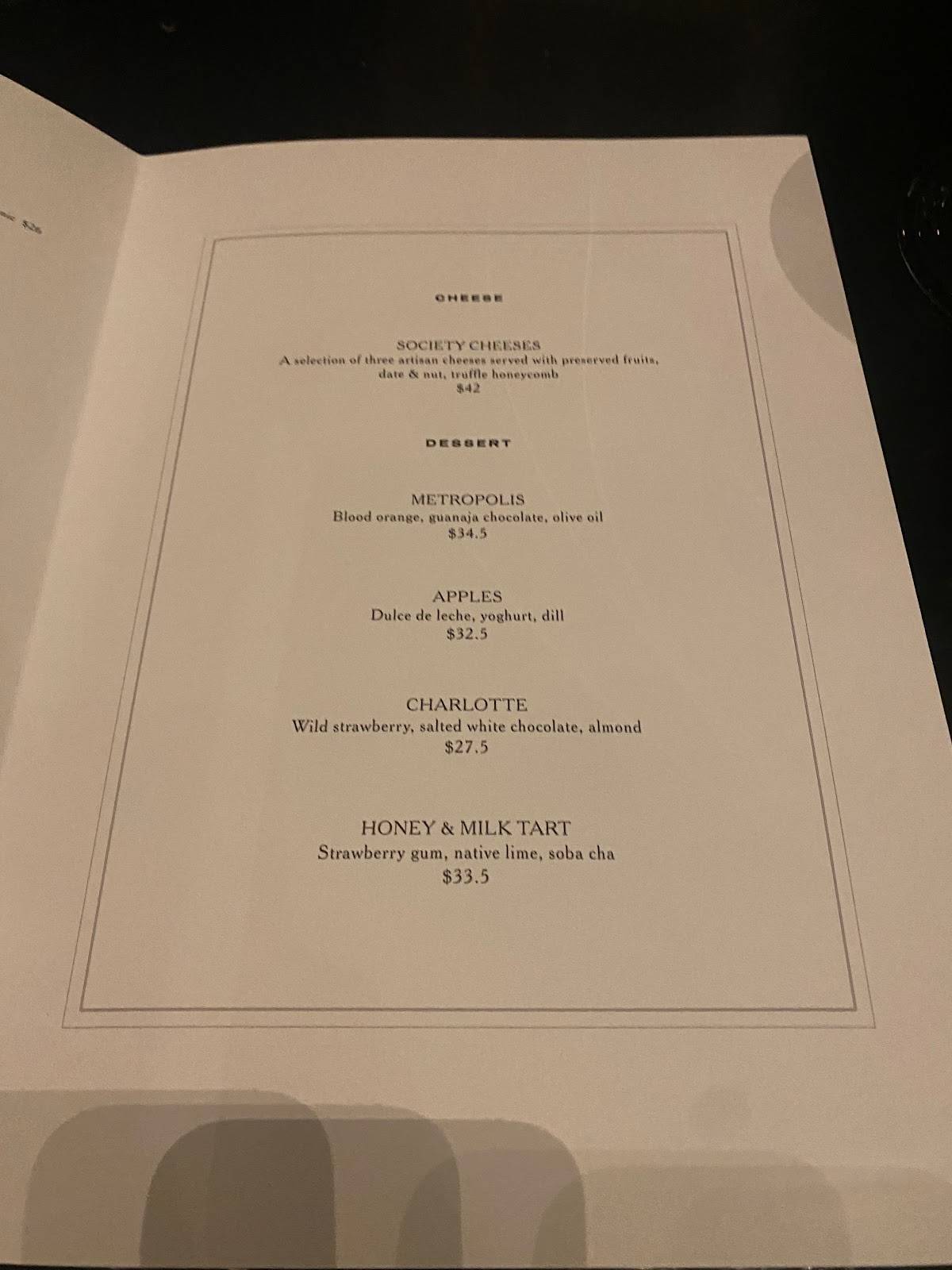Menu at Society restaurant, Melbourne, 80 Collins St