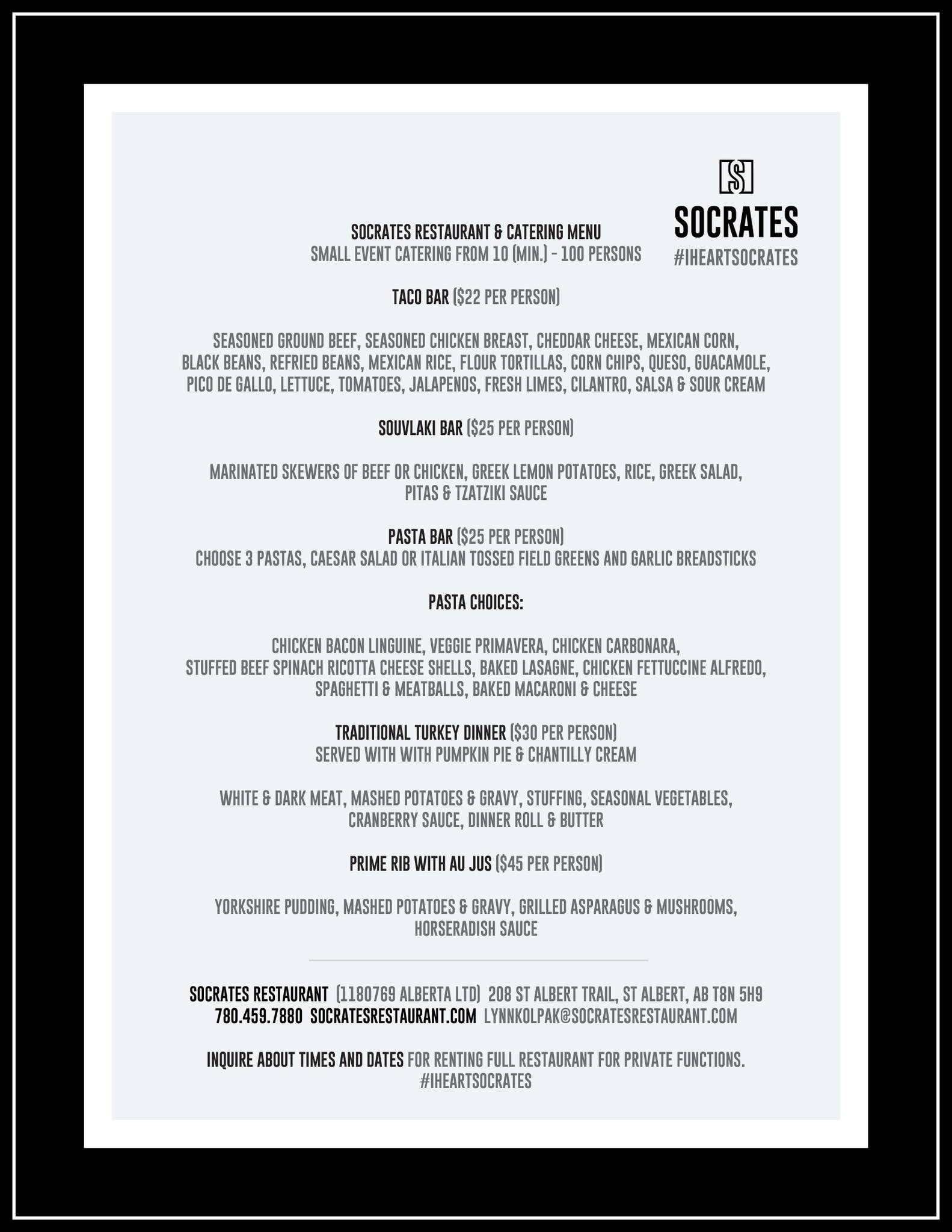 Menu at Socrates Restaurant & Catering, St. Albert