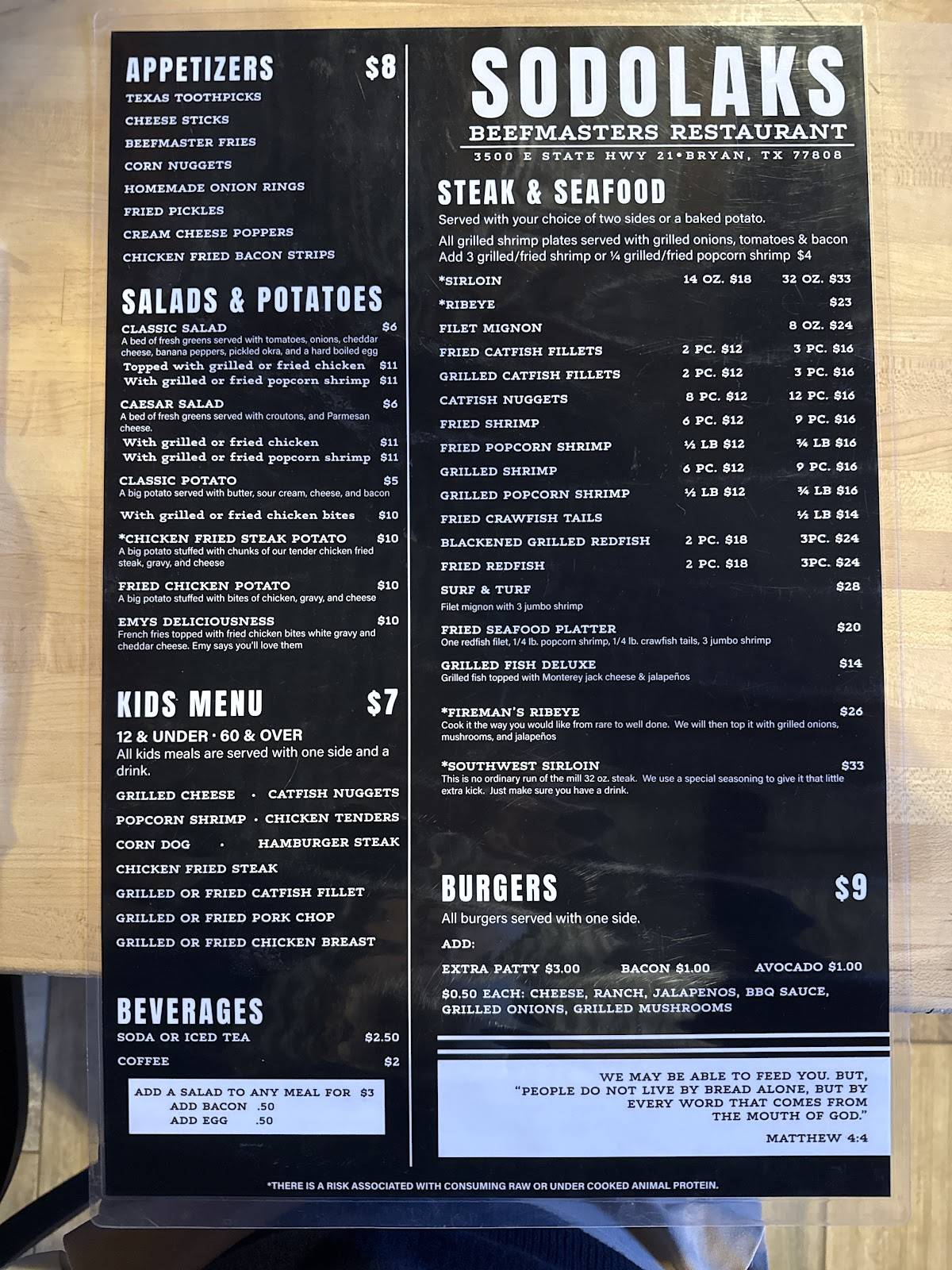 Menu at Sodolaks Beefmasters Restaurant, Bryan