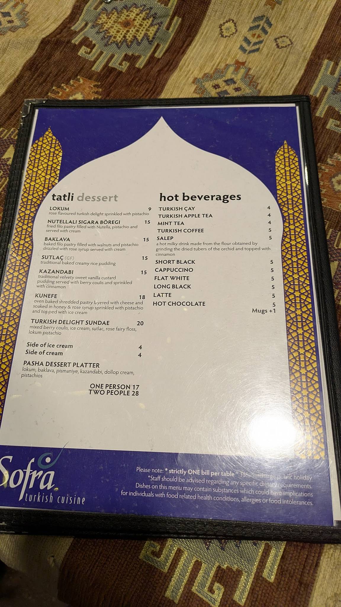 Menu at Sofra restaurant, Toowoomba City, 164 Margaret St