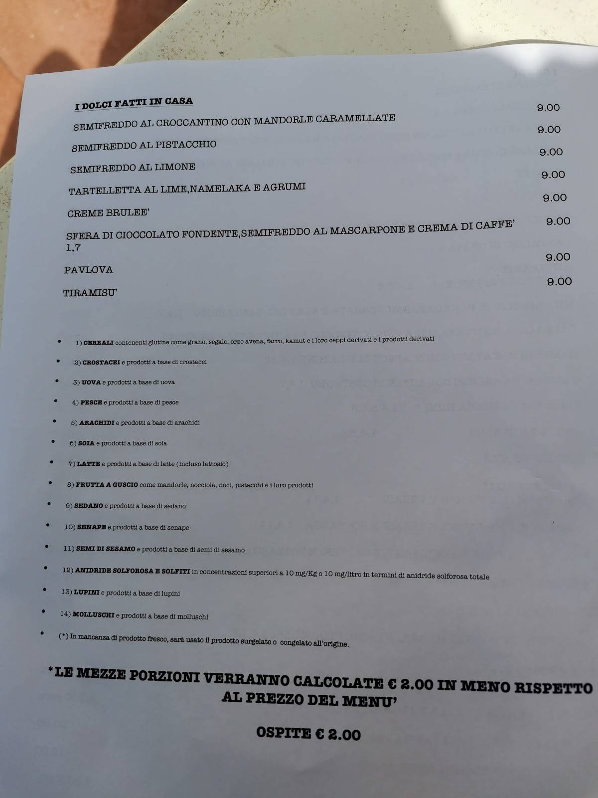 Menu da Sogno del Mare disco bar, Fregene