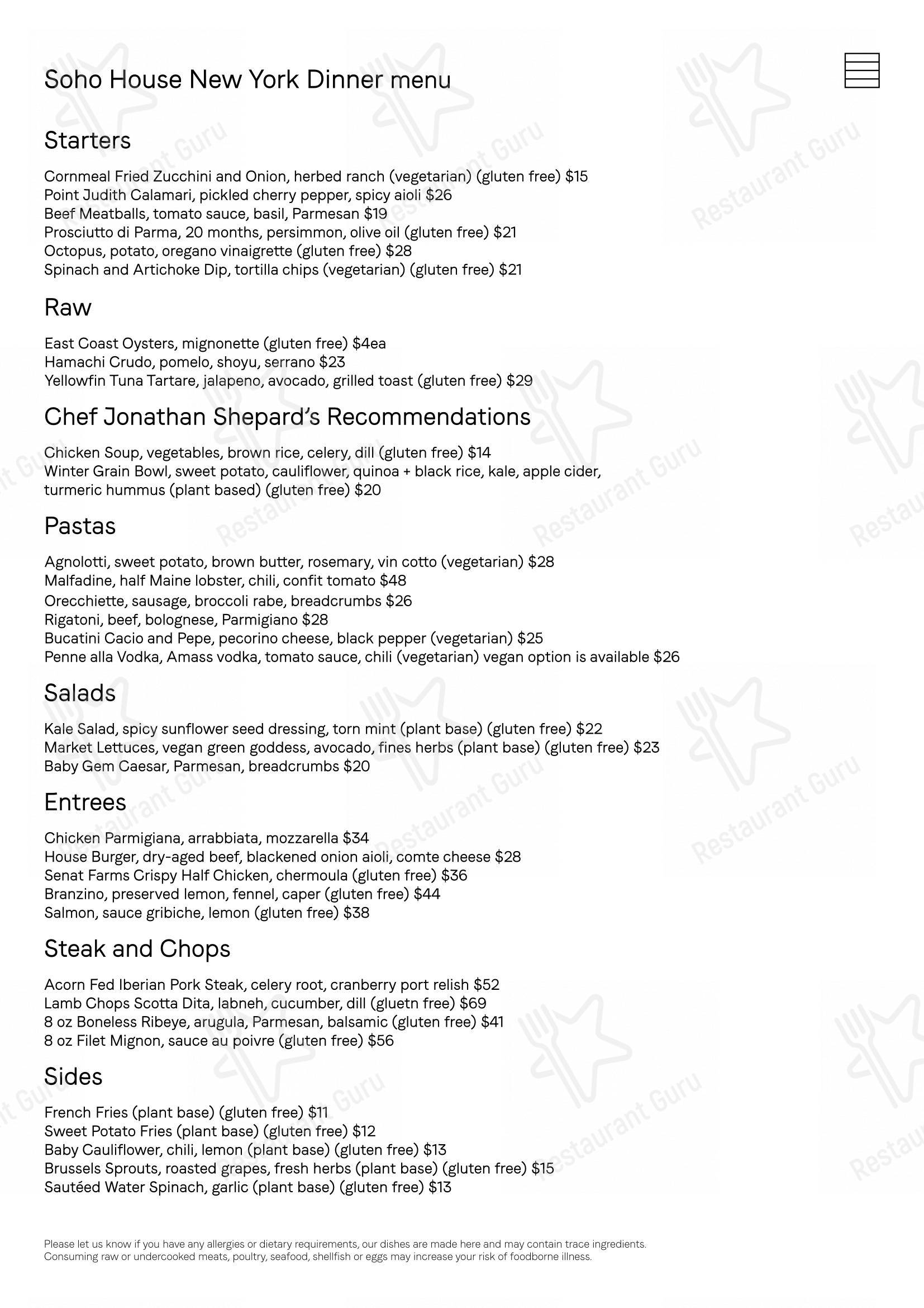 Menu at Soho House restaurant, New York City