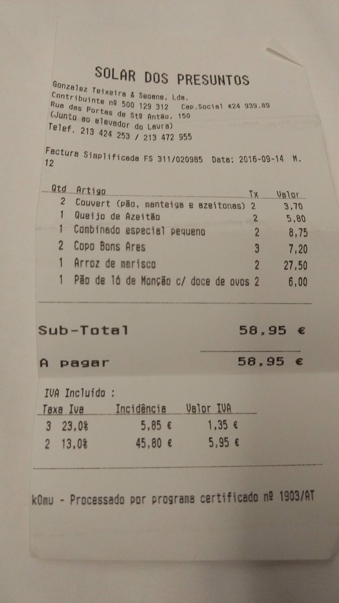 Menu em Solar dos Presuntos restaurante, Lisboa, R. das Portas de Santo ...
