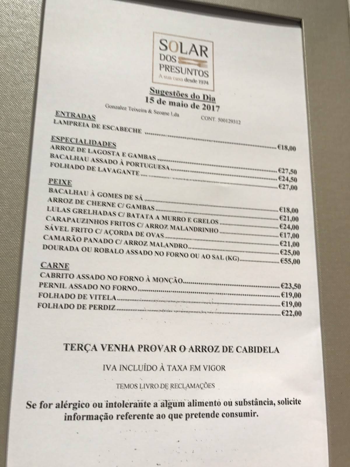 Menu em Solar dos Presuntos restaurante, Lisboa, R. das Portas de Santo ...