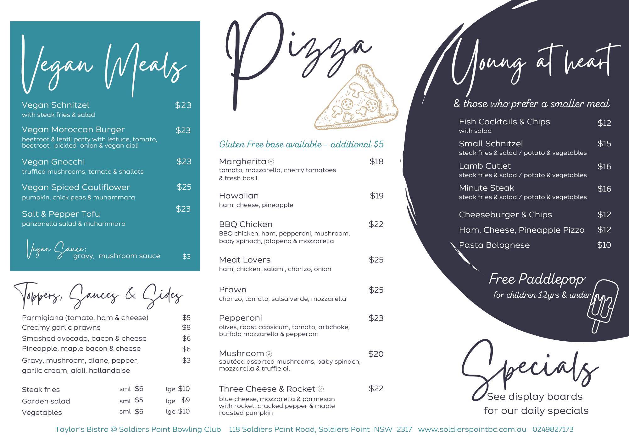 Menu at Soldiers Point Bowling Club, Port Stephens