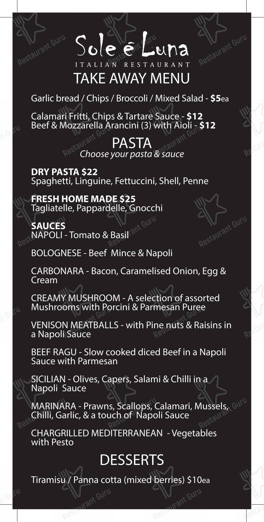 Menu at Sole e Luna restaurant, Bright
