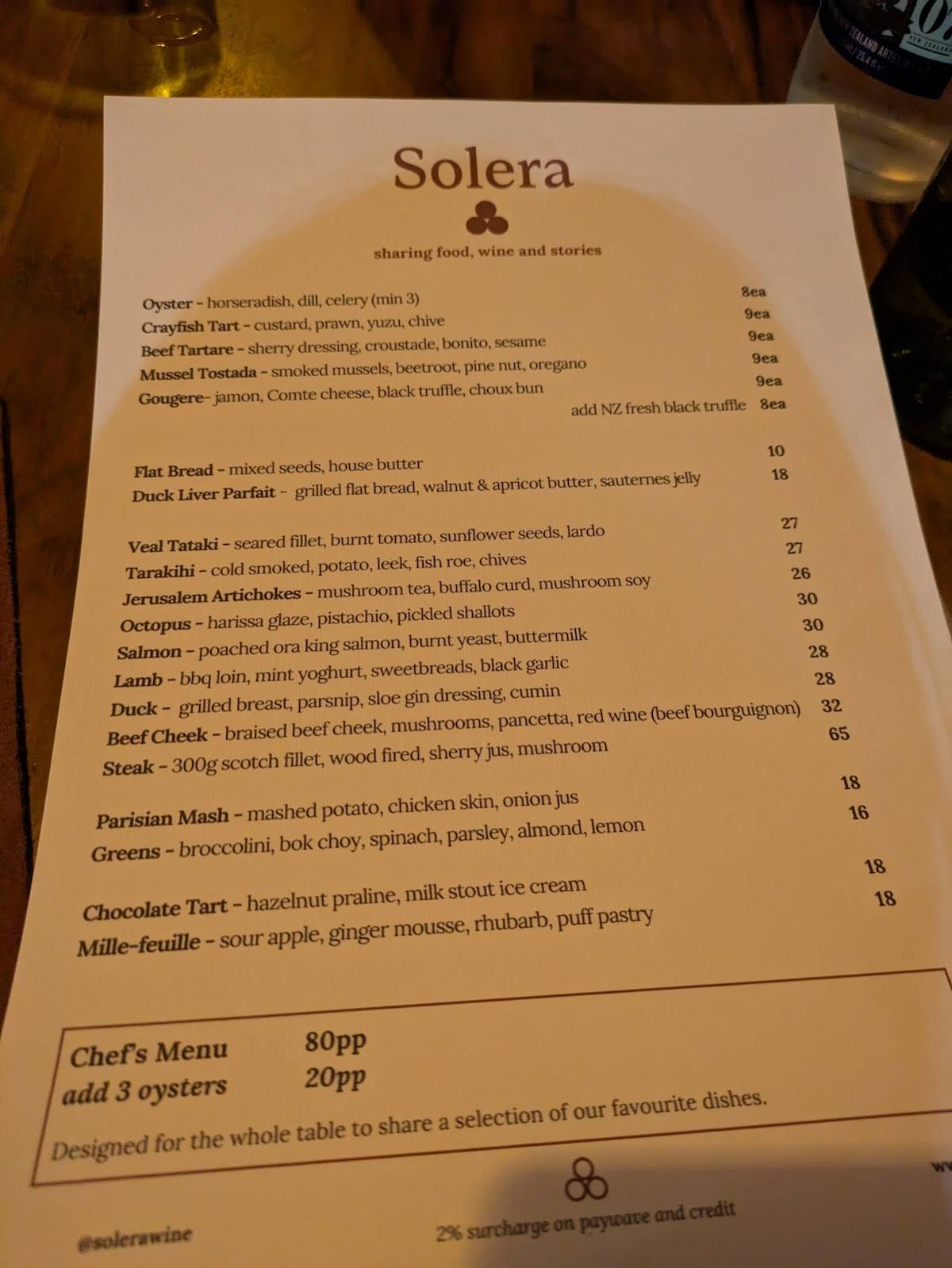 Menu at Solera restaurant, Tauranga