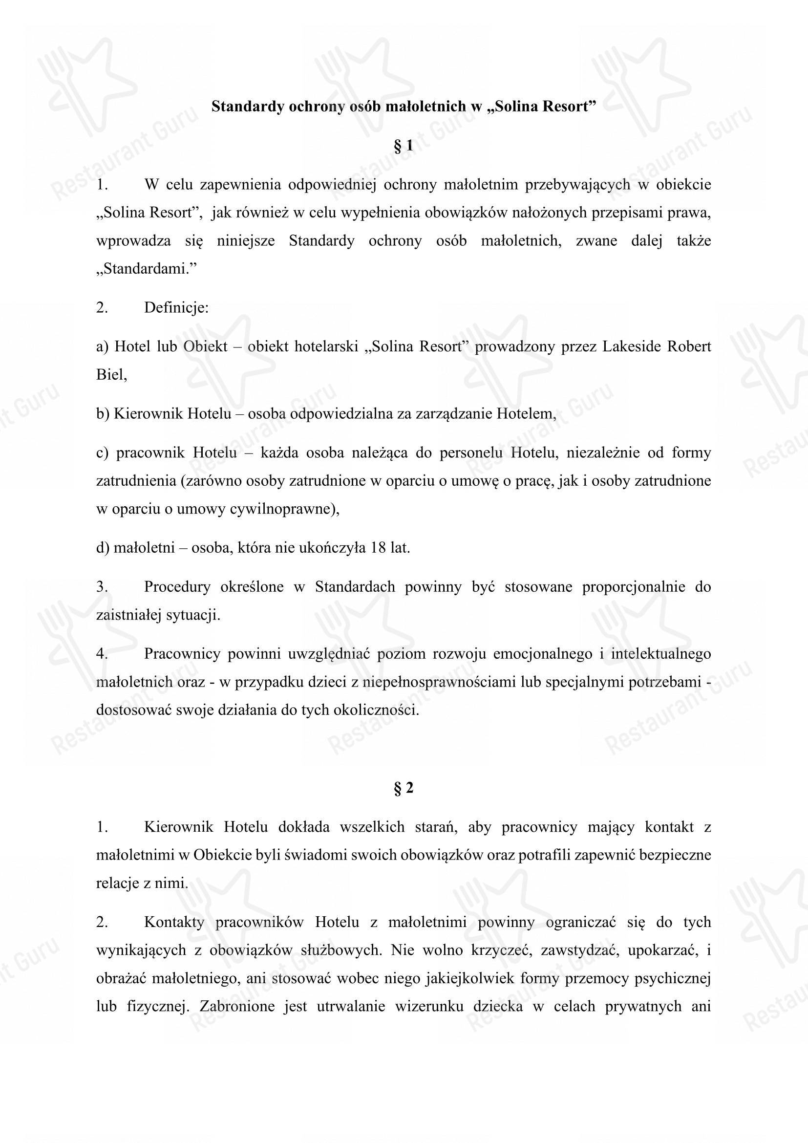 Menu at Solina Resort Polańczyk restaurant, Polańczyk