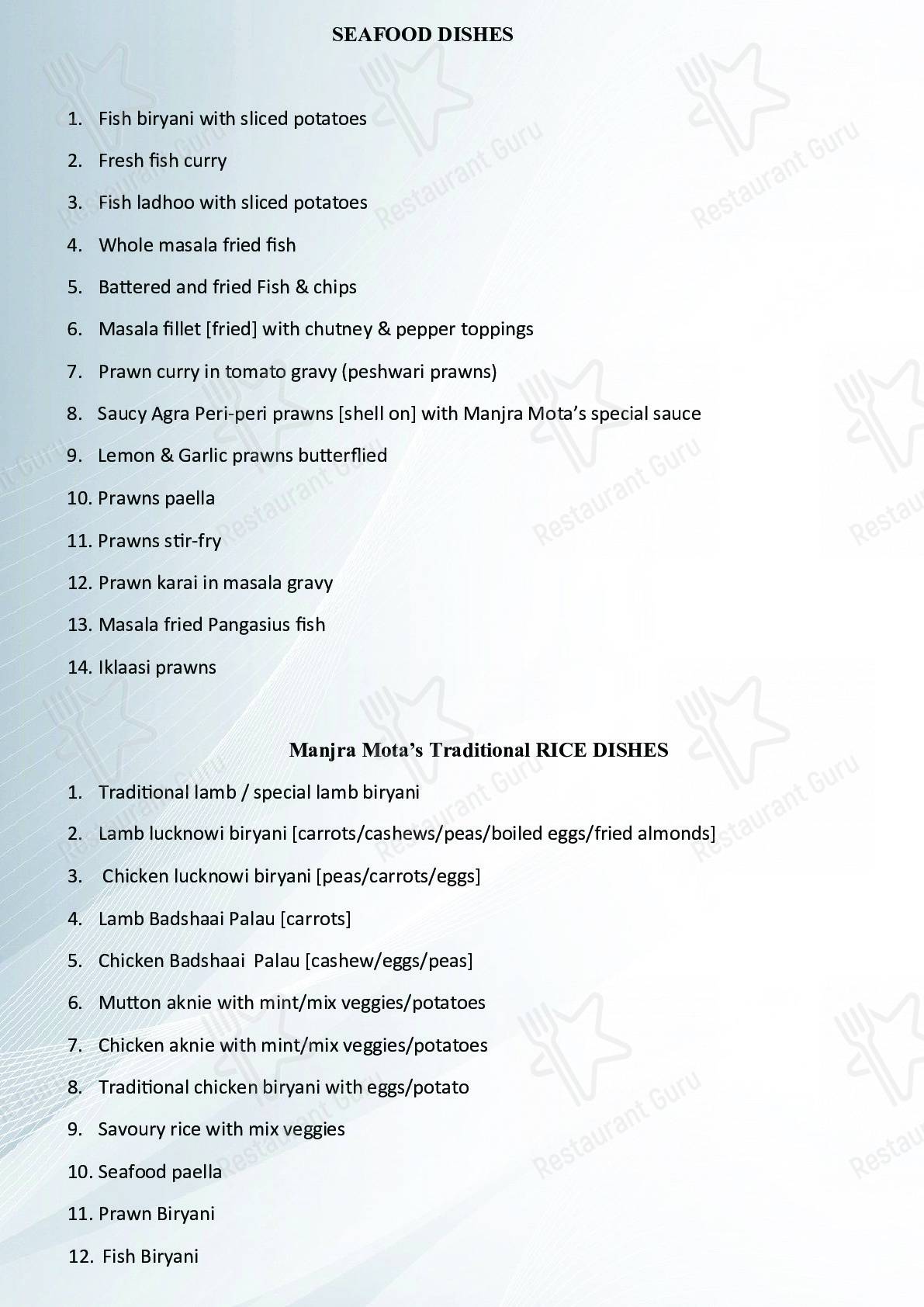 Menu at Solly Manjra, Durban