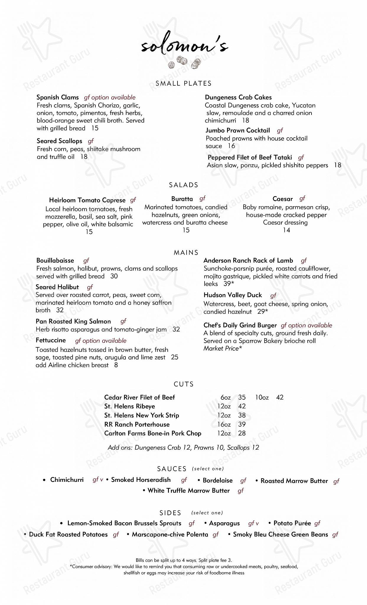 Menu at Solomon's desserts, Bend