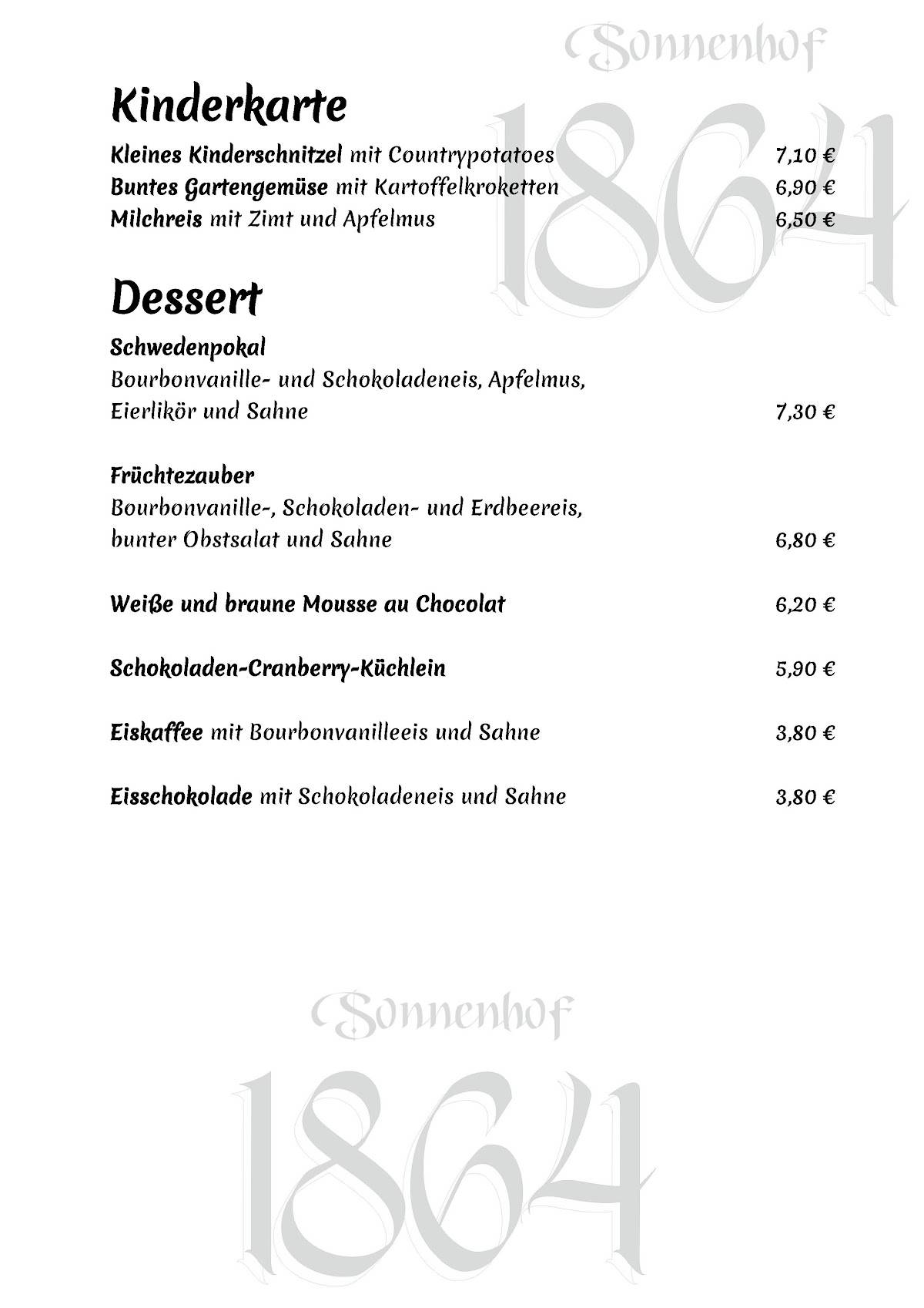Speisekarte von Restaurant Sonnenhof 1864, Senftenberg
