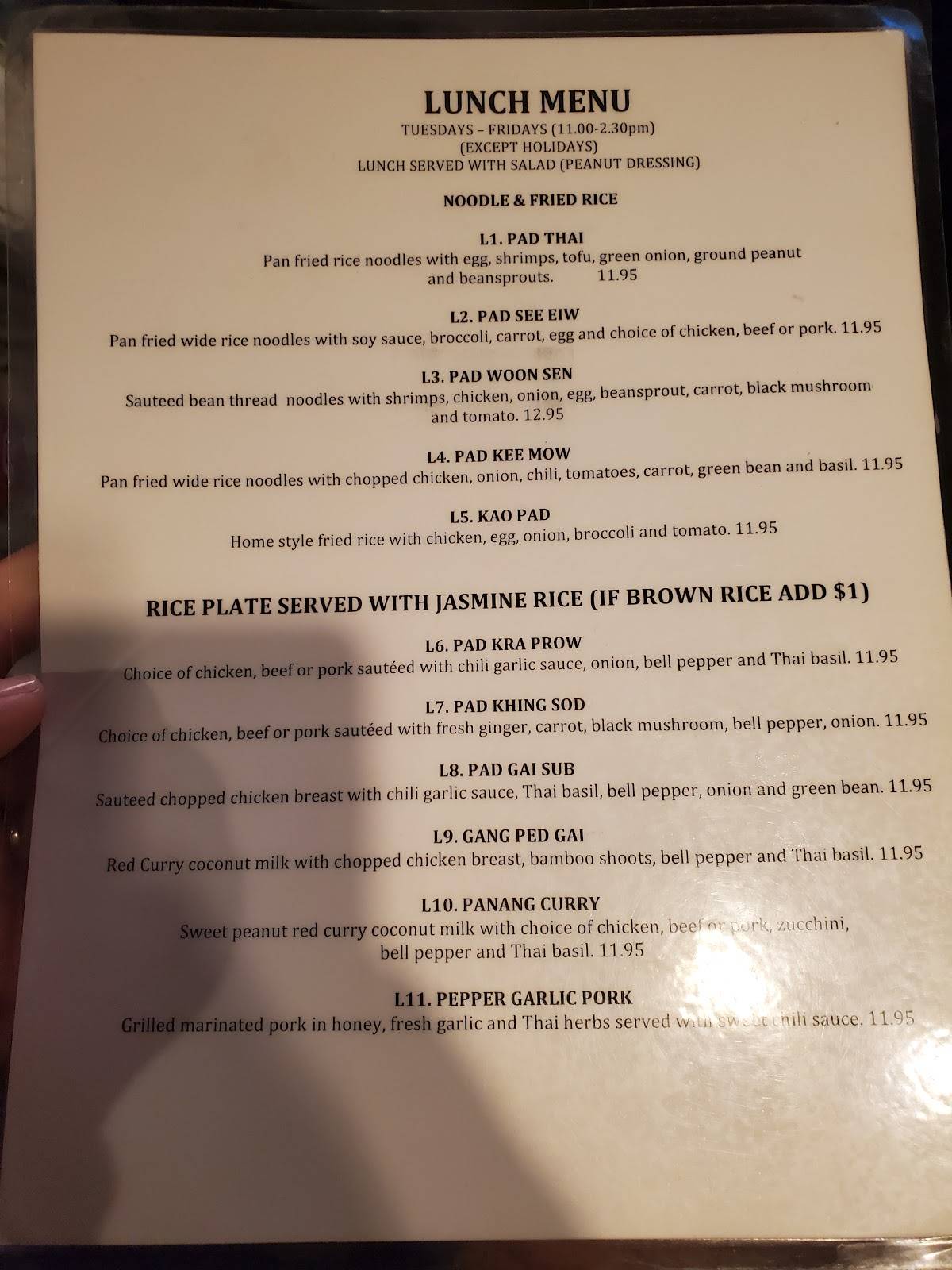 Menu at Sonora Thai Cuisine restaurant, Sonora
