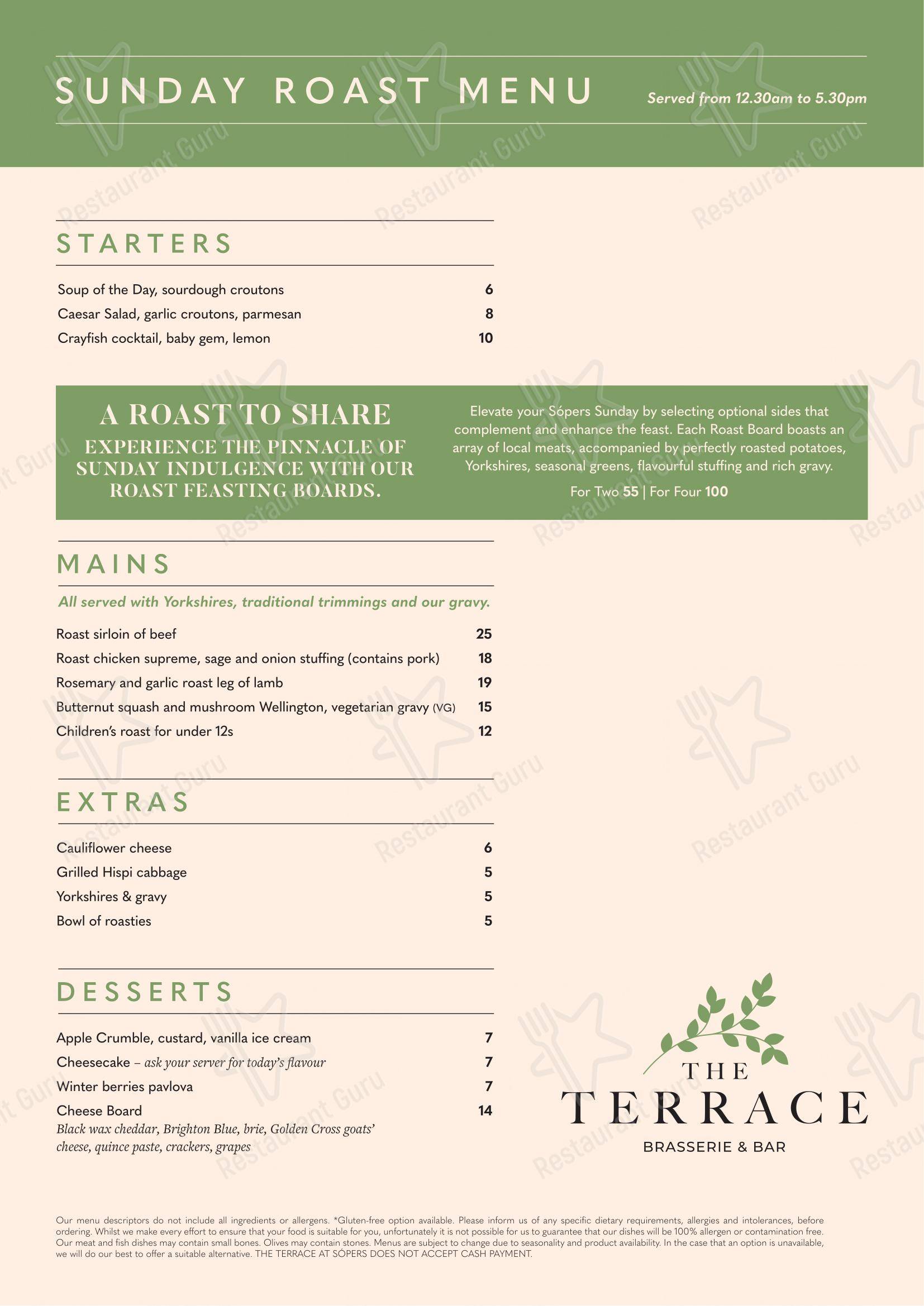Menu at Sópers House restaurant, Cuffley