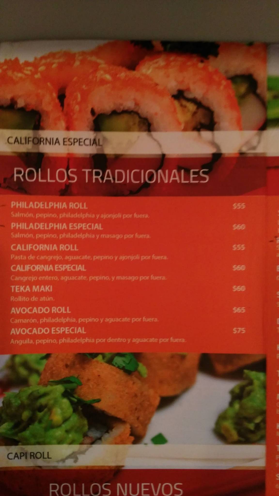 Carta de Sora Sushi Bar, Valle Hermoso