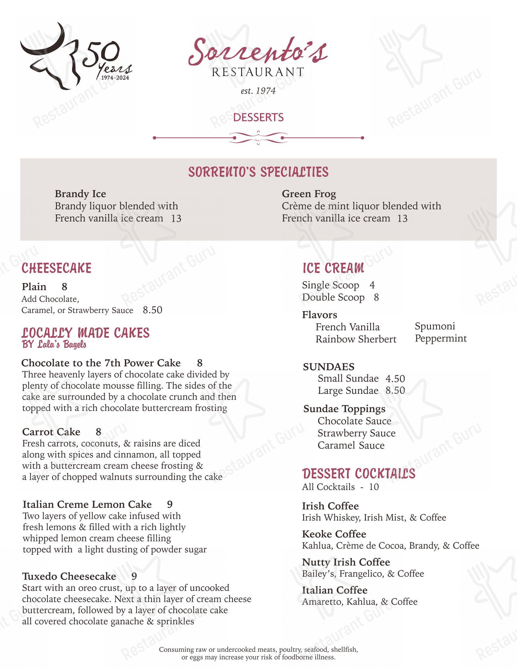 Menu at Sorrento's Restaurant, USA