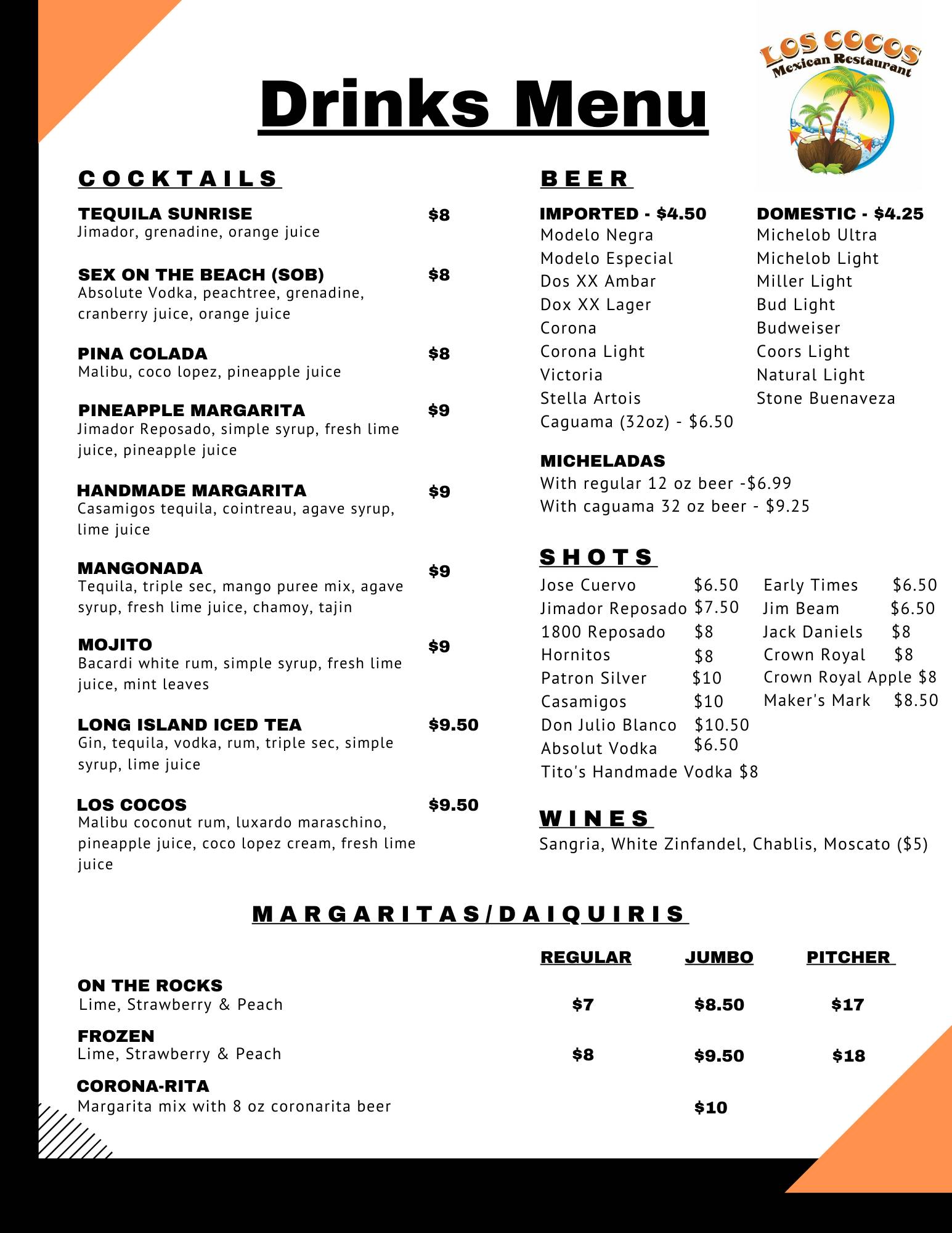 Menu at Los Cocos restaurant, South Hill