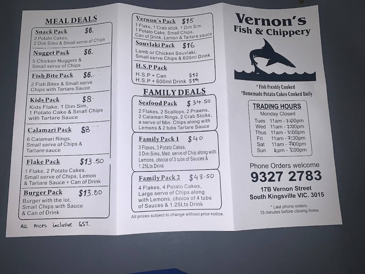 Menu at Vernon's Fish & Chippery restaurant, South Kingsville