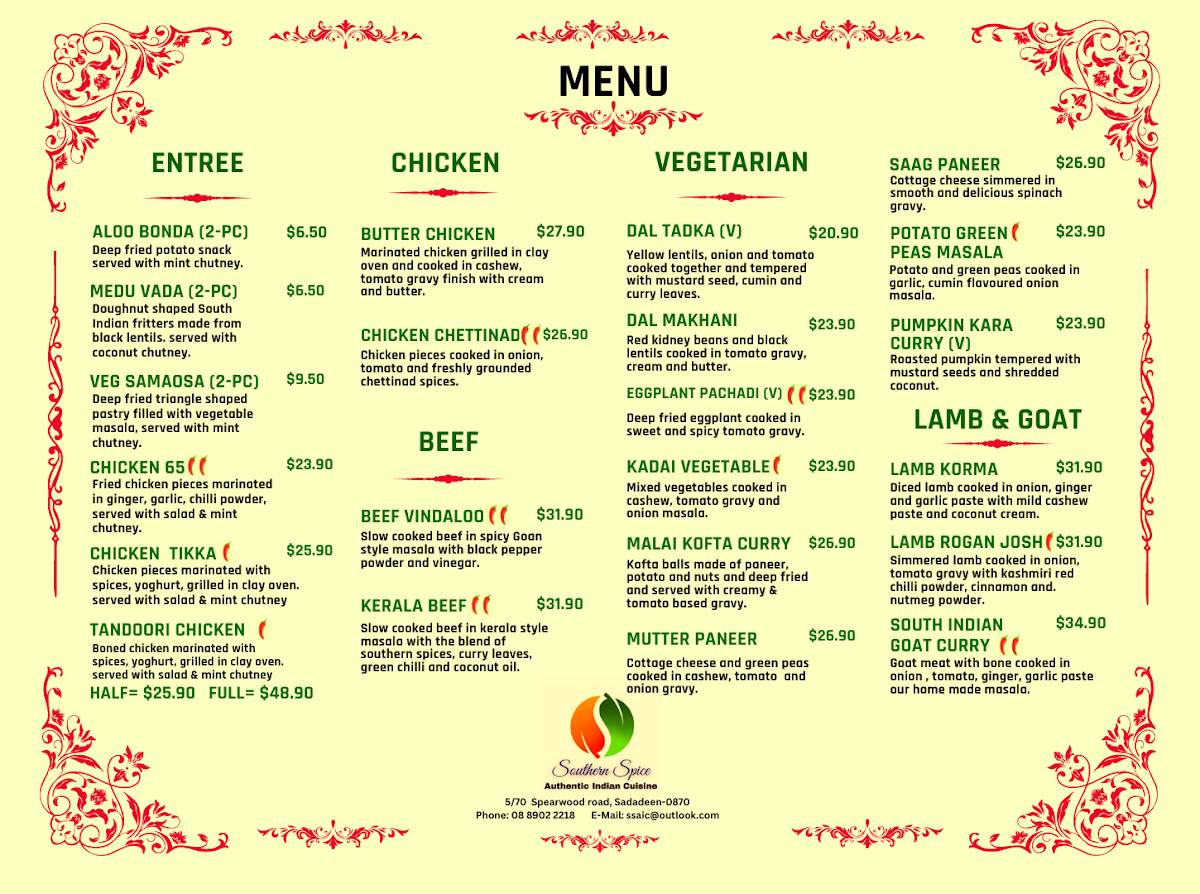 Menu at Southern Spice Authentic Asian Cuisine restaurant, East Side