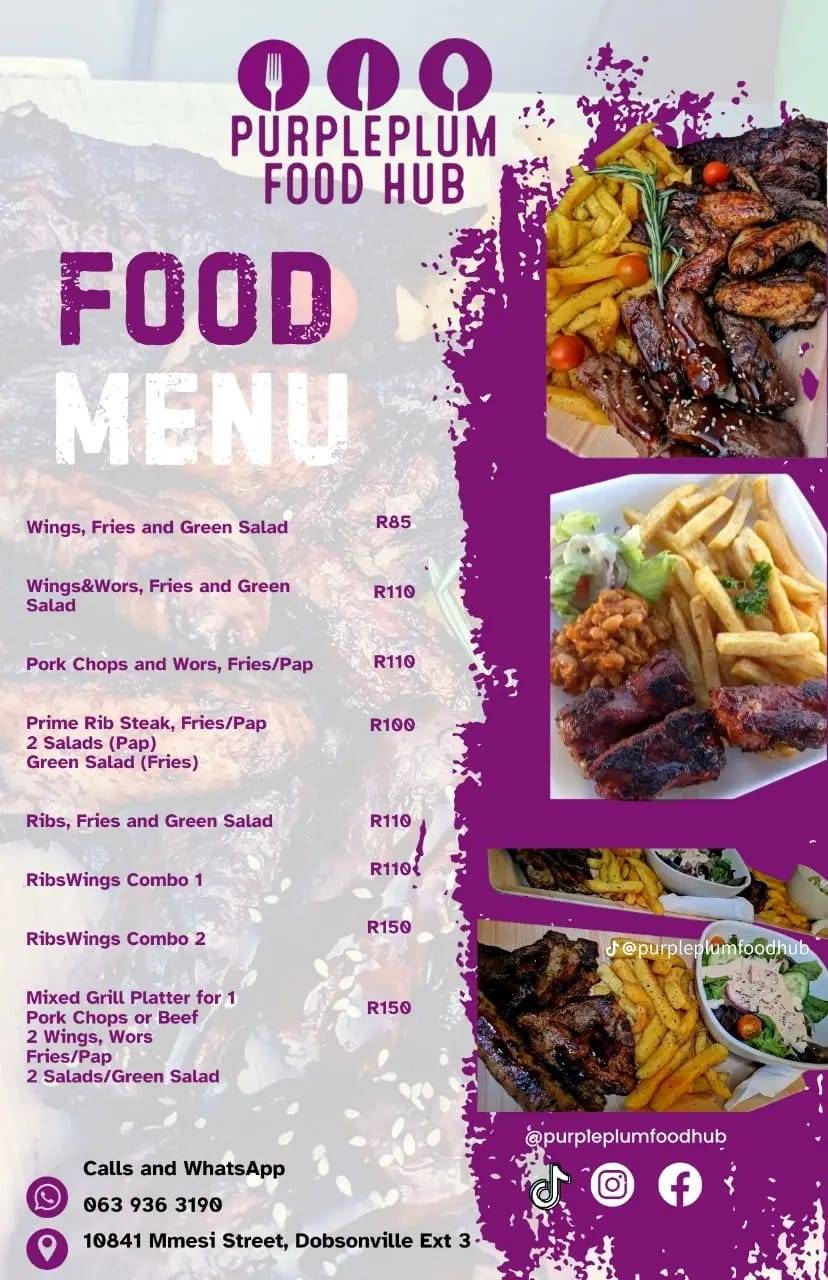 Menu at PurpleplumFoodHuB restaurant, Soweto