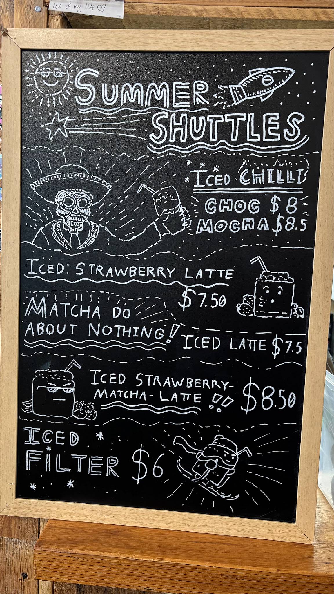 Menu at Space Cadet cafe, Hamilton