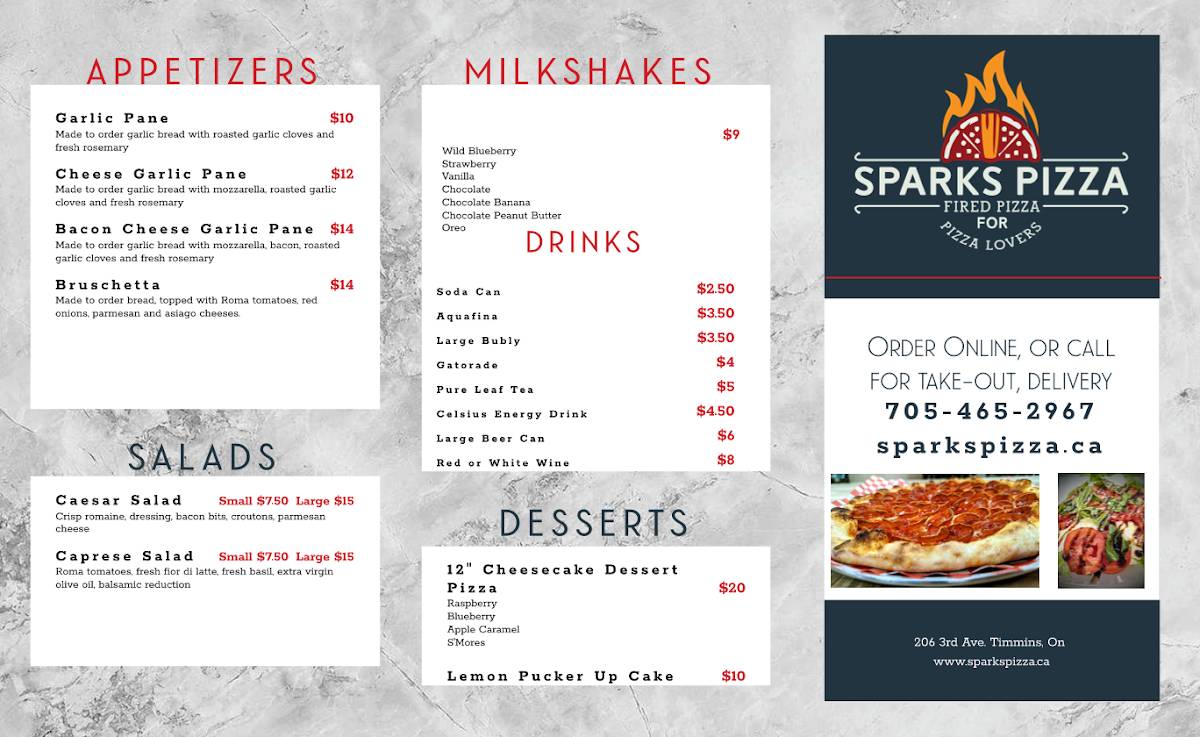 Menu at Sparks Pizza restaurant, Timmins