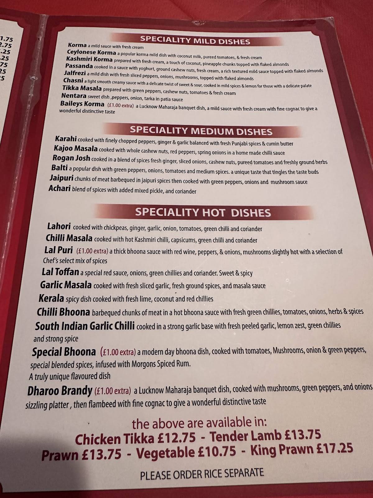 Menu at Spice India restaurant, Moffat