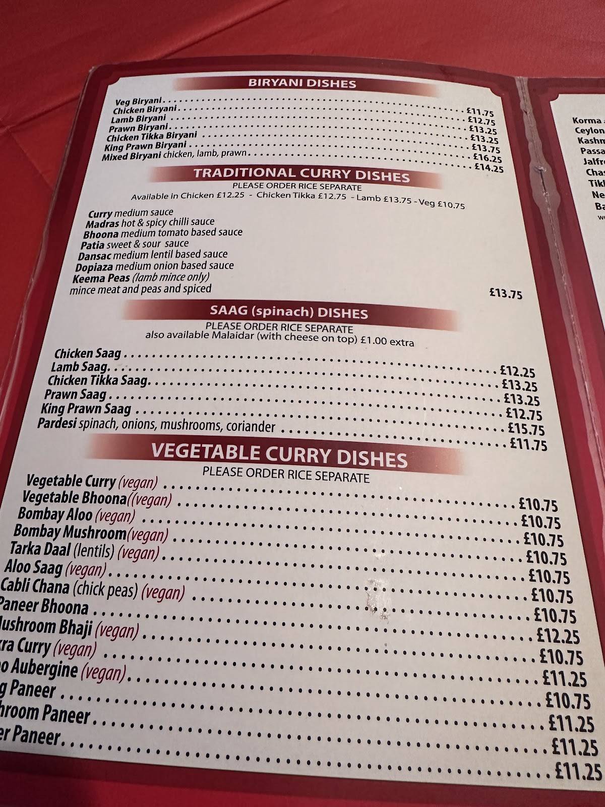 Menu at Spice India restaurant, Moffat