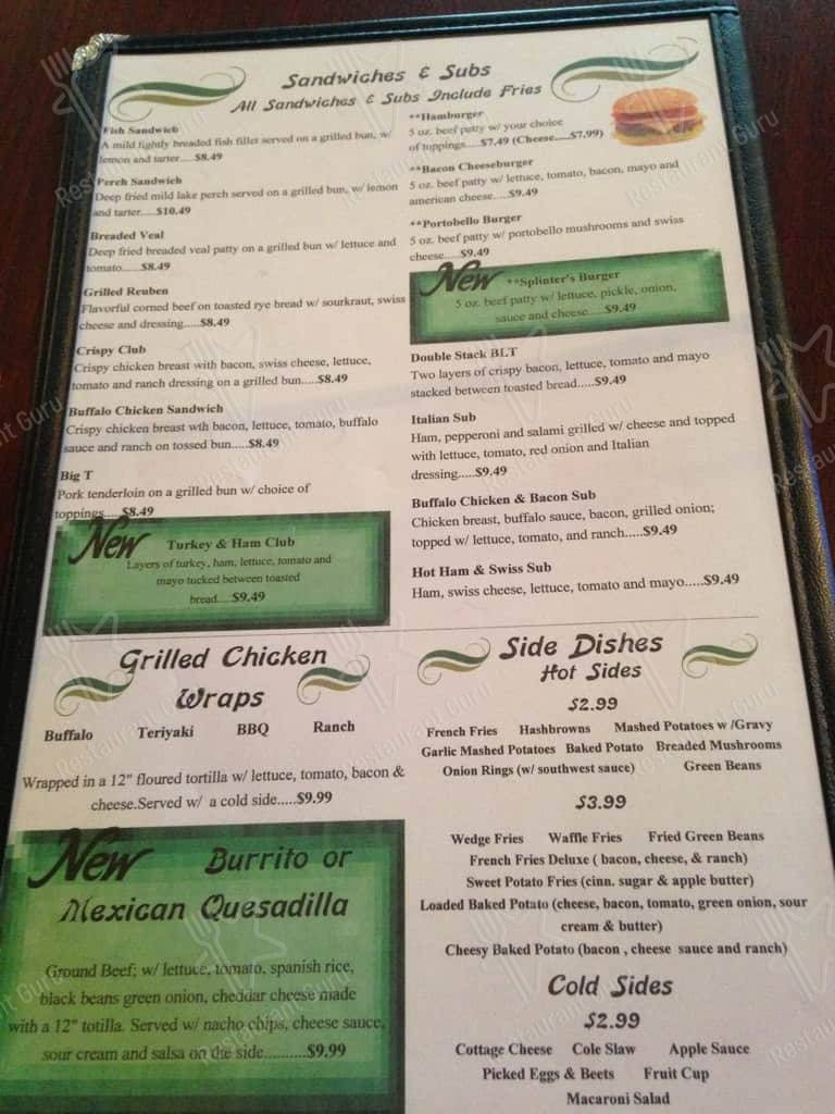 Menu at Splinter's Cafe, Carey