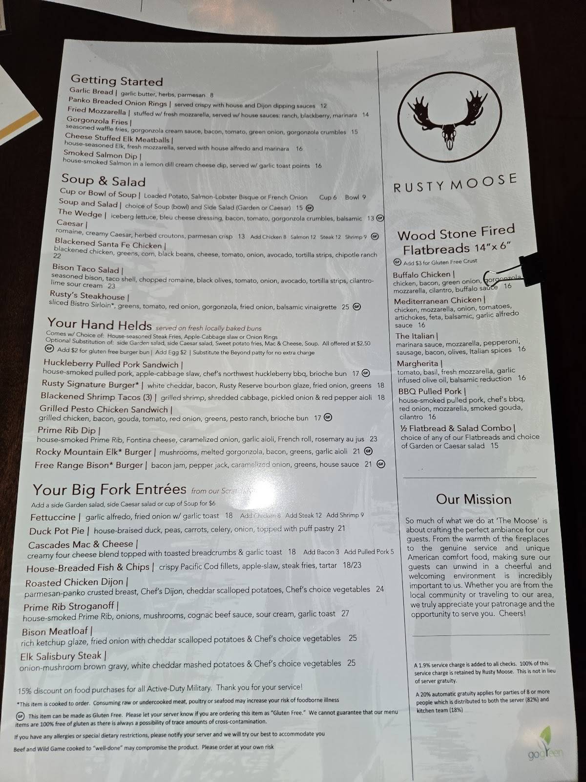 Menu at Rusty Moose steakhouse, Spokane, 9105 US-2