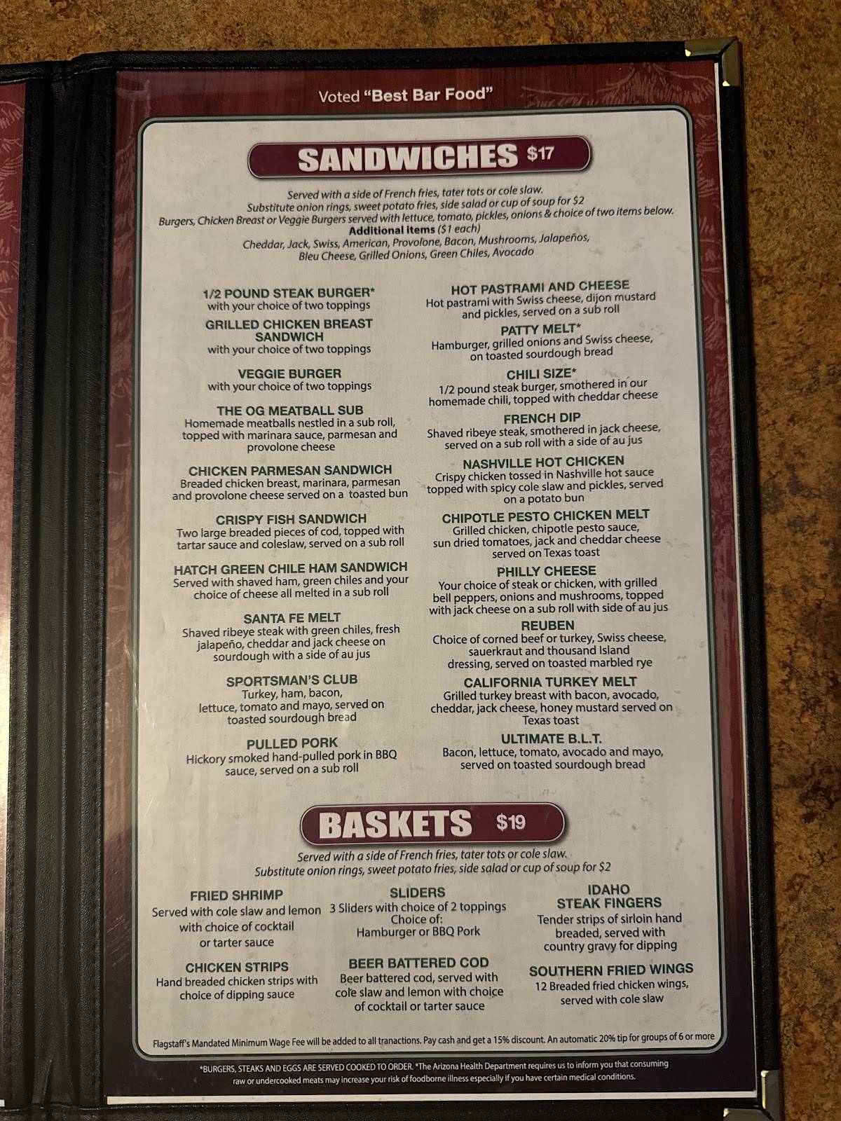 Menu at Sportsman's Bar & Grill, Flagstaff, N Humphreys St