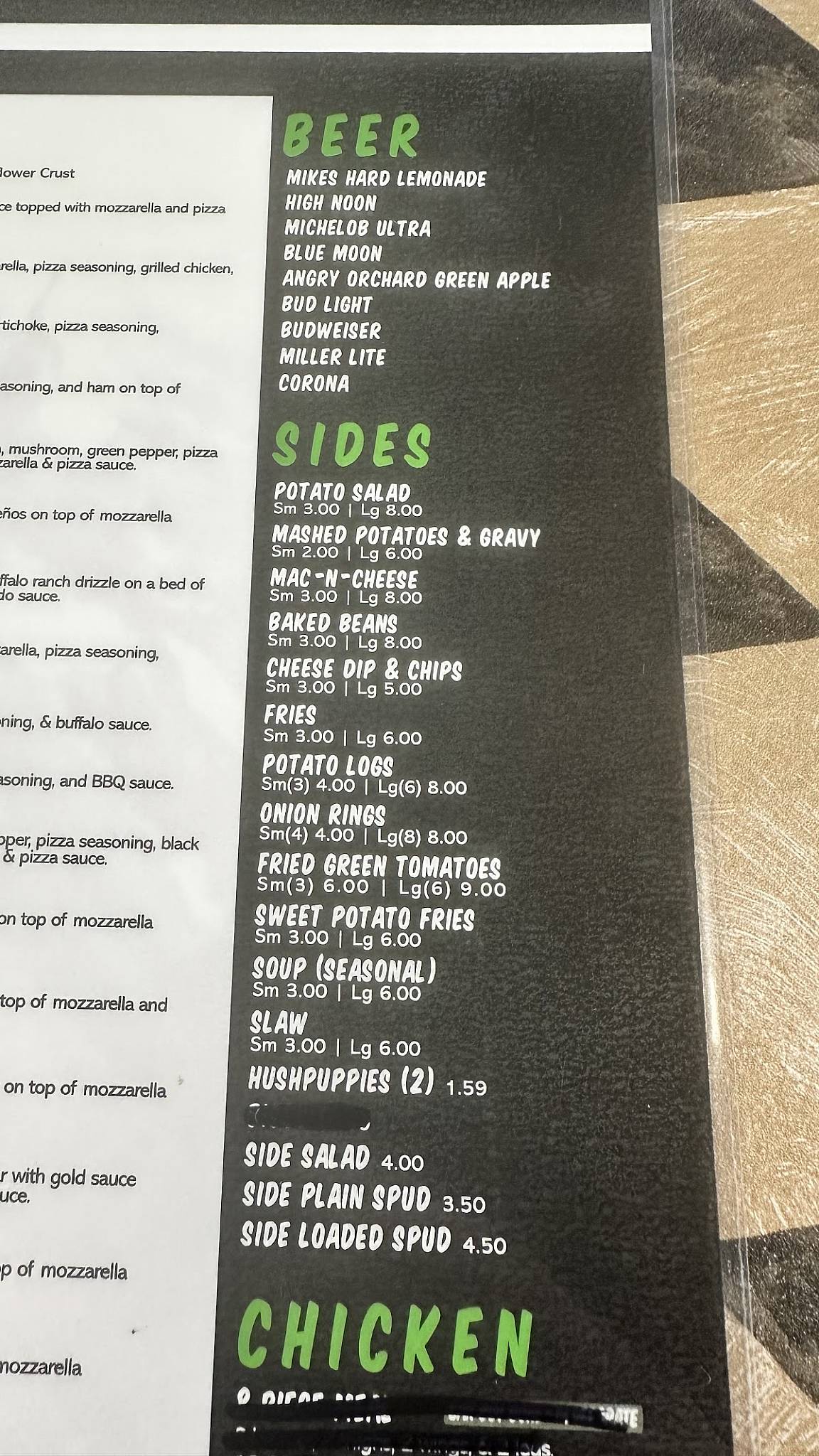 Menu at Spuds restaurant, Pontotoc