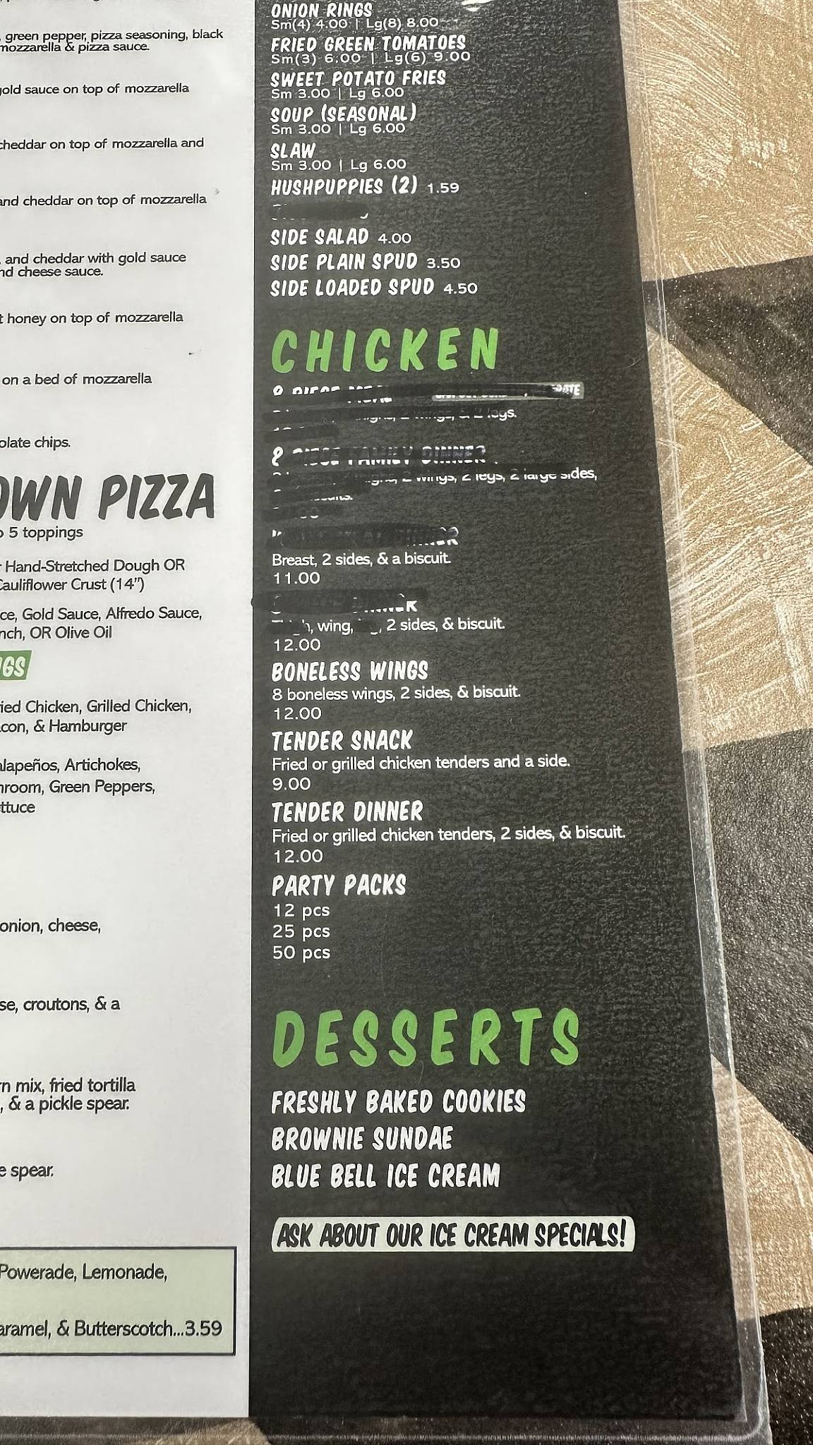 Menu at Spuds restaurant, Pontotoc