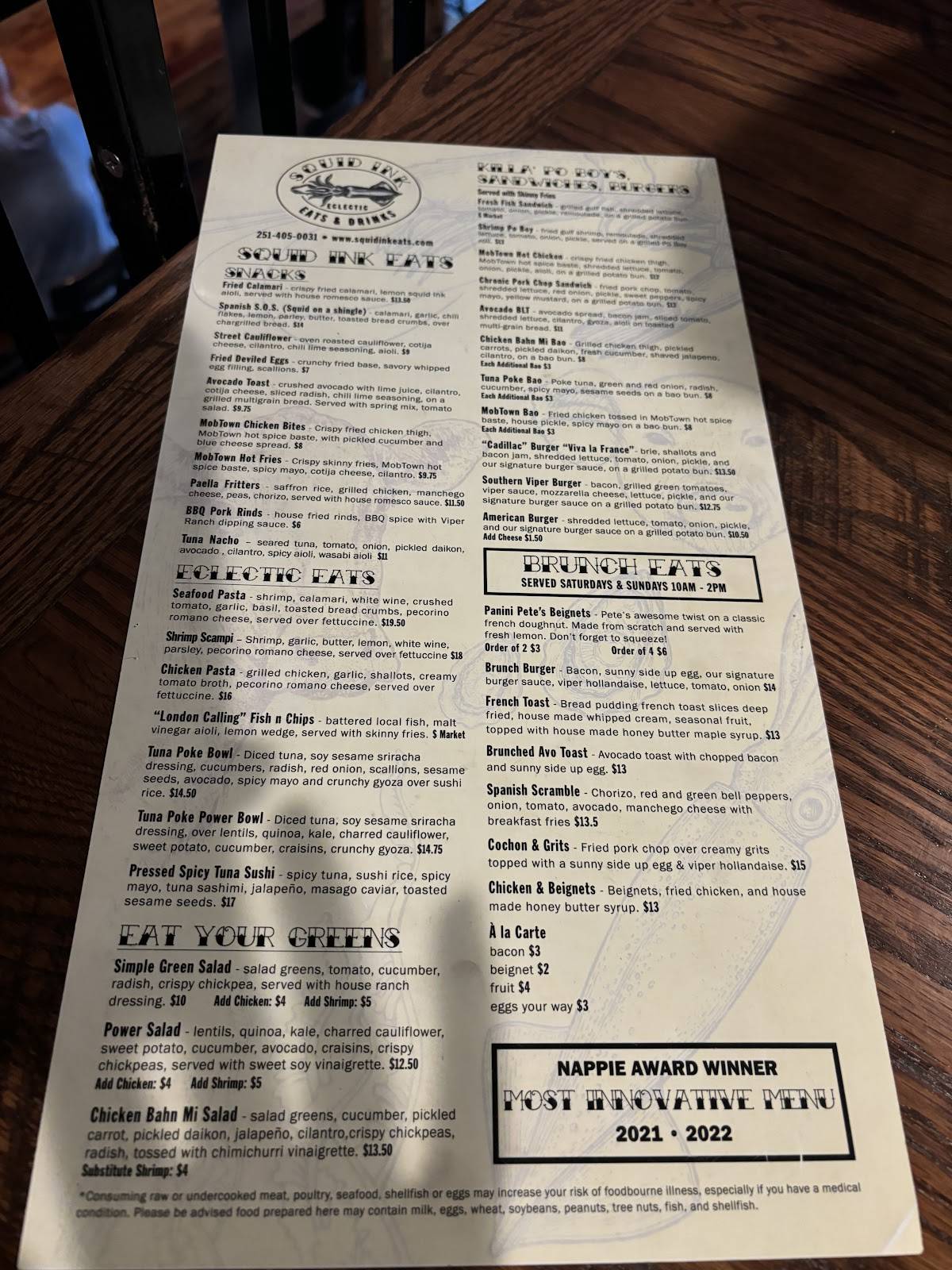 Menu at Squid Ink Eclectic Eats and Drinks cafe, Mobile