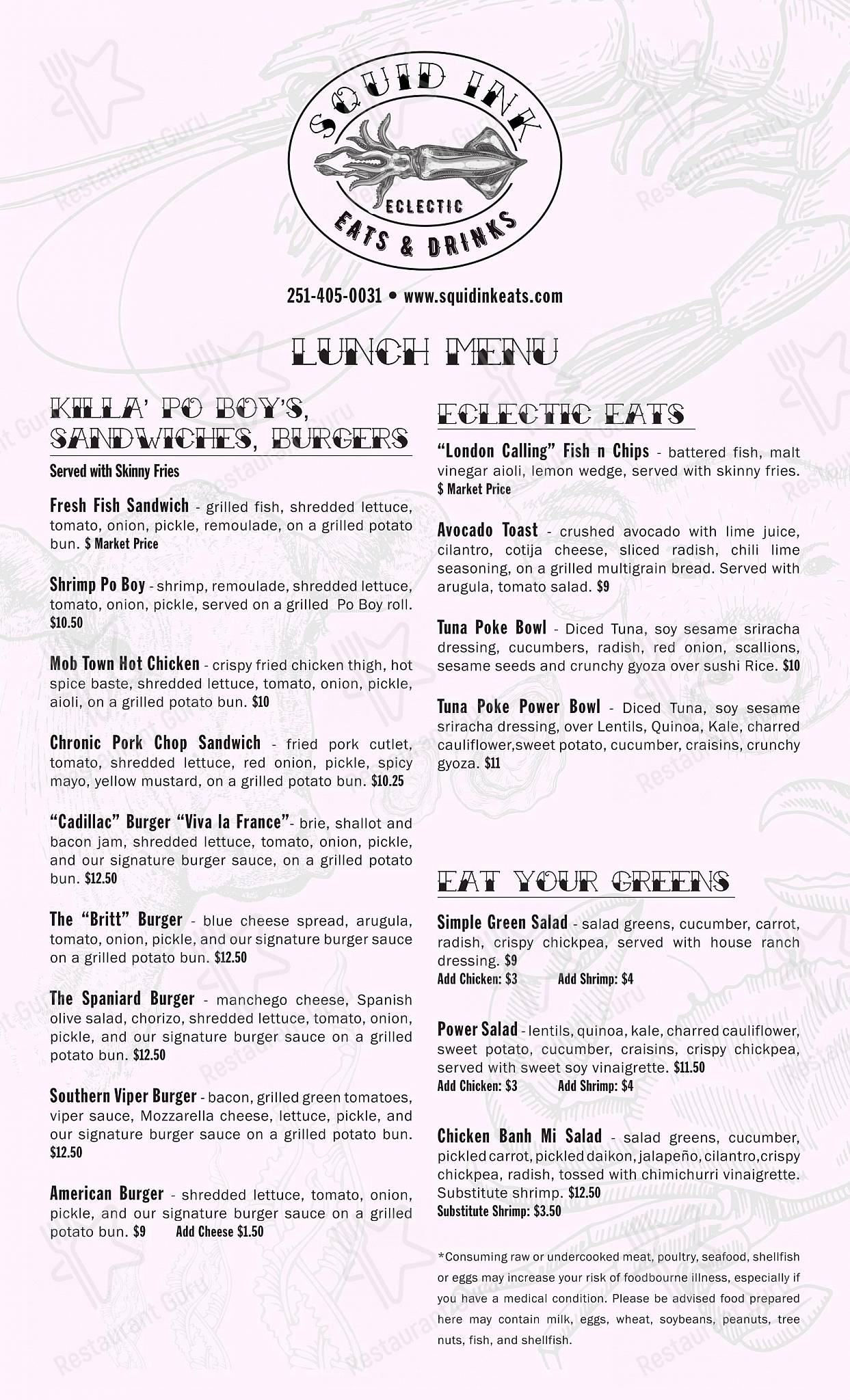 Menu at Squid Ink Eclectic Eats and Drinks cafe, Mobile