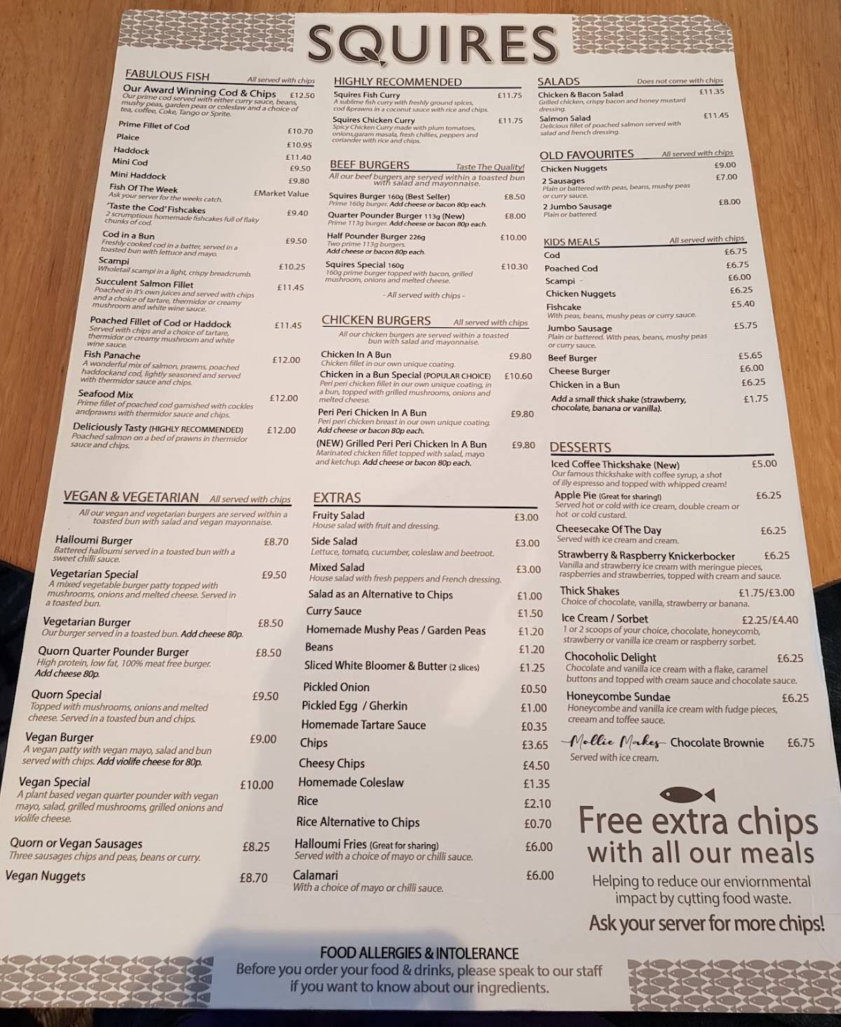 Menu at Squires restaurant, Braunton