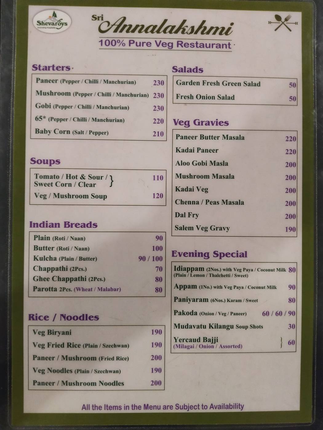 Menu at Hotel Sri Annalakshmi, Yercaud