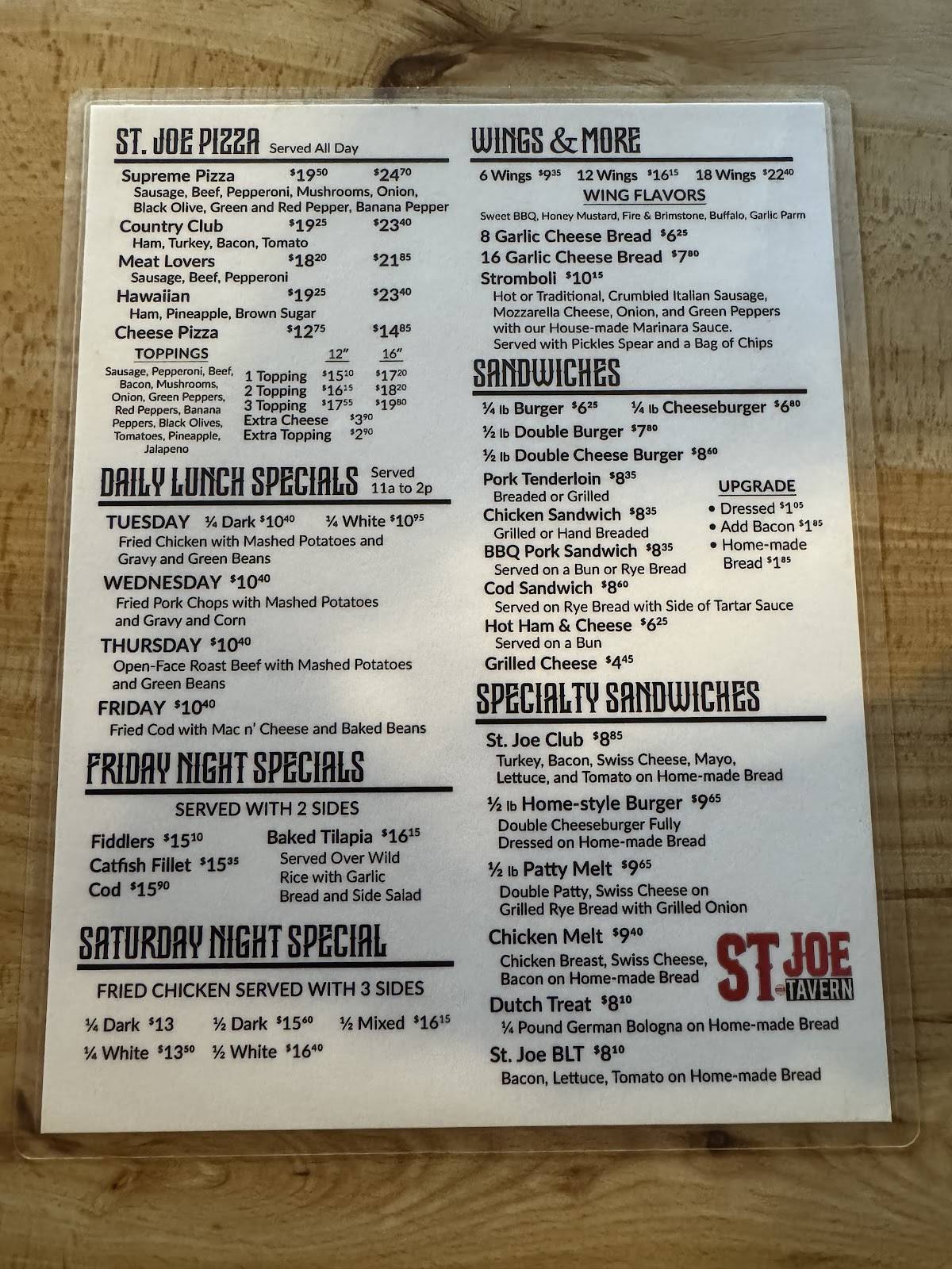 Menu at St Joe Inn pub & bar, Evansville
