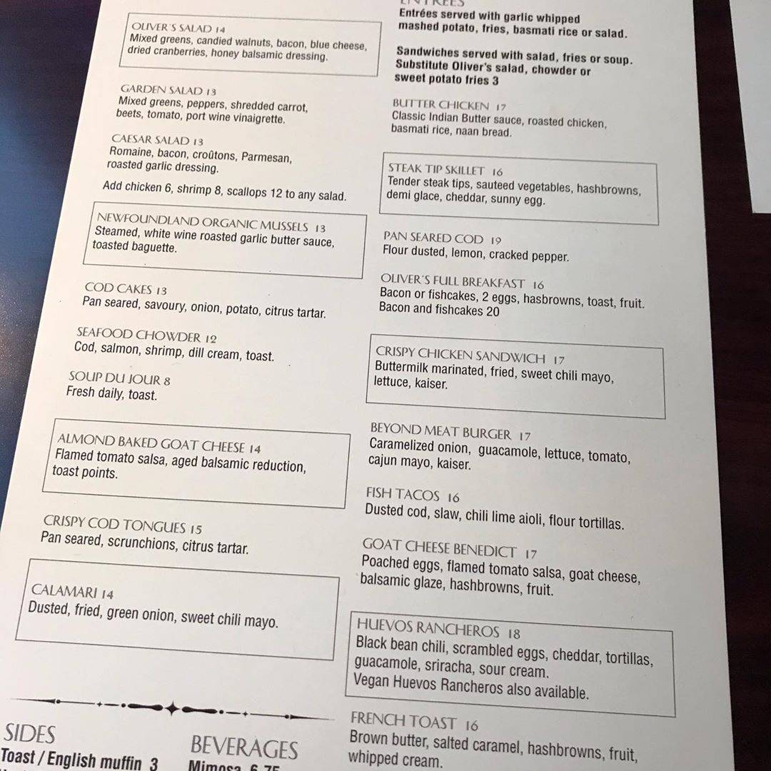 Menu at Oliver's Restaurant, St. John's