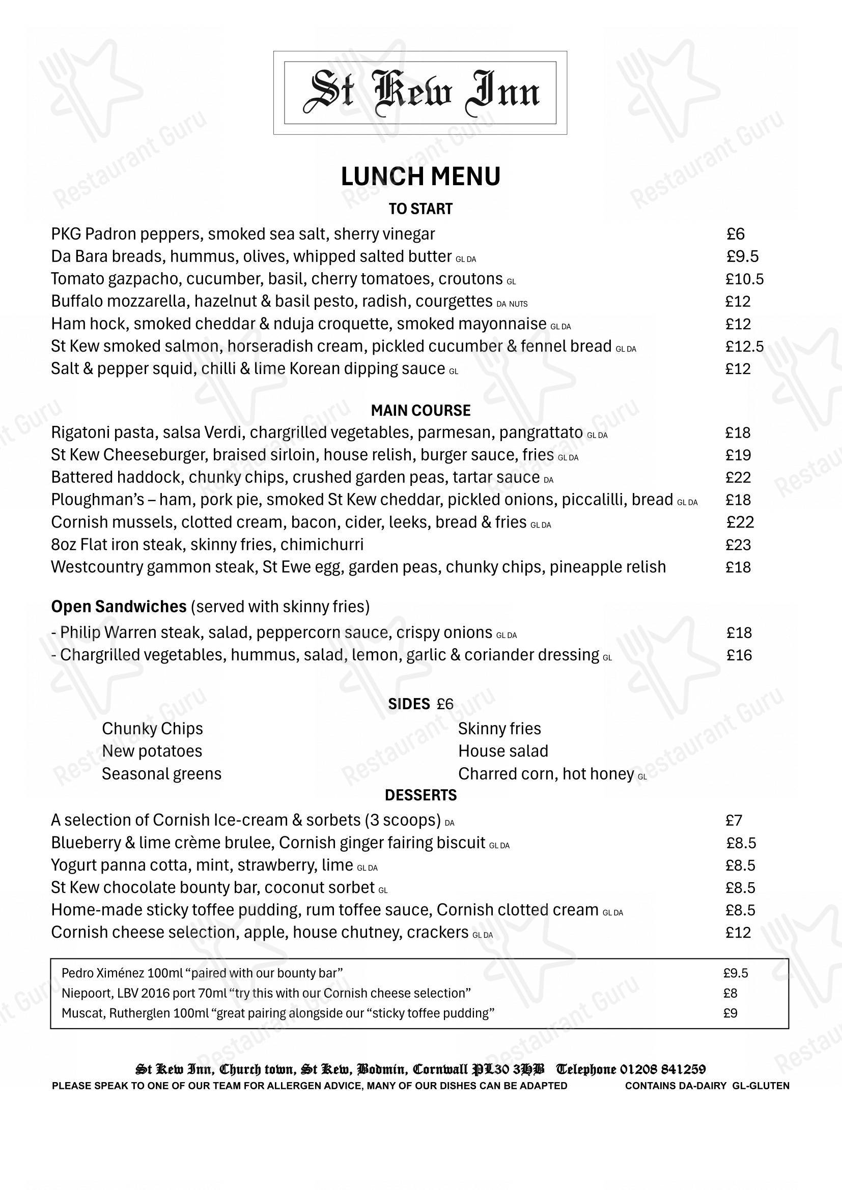 Menu at St Kew Inn pub & bar, Saint Kew
