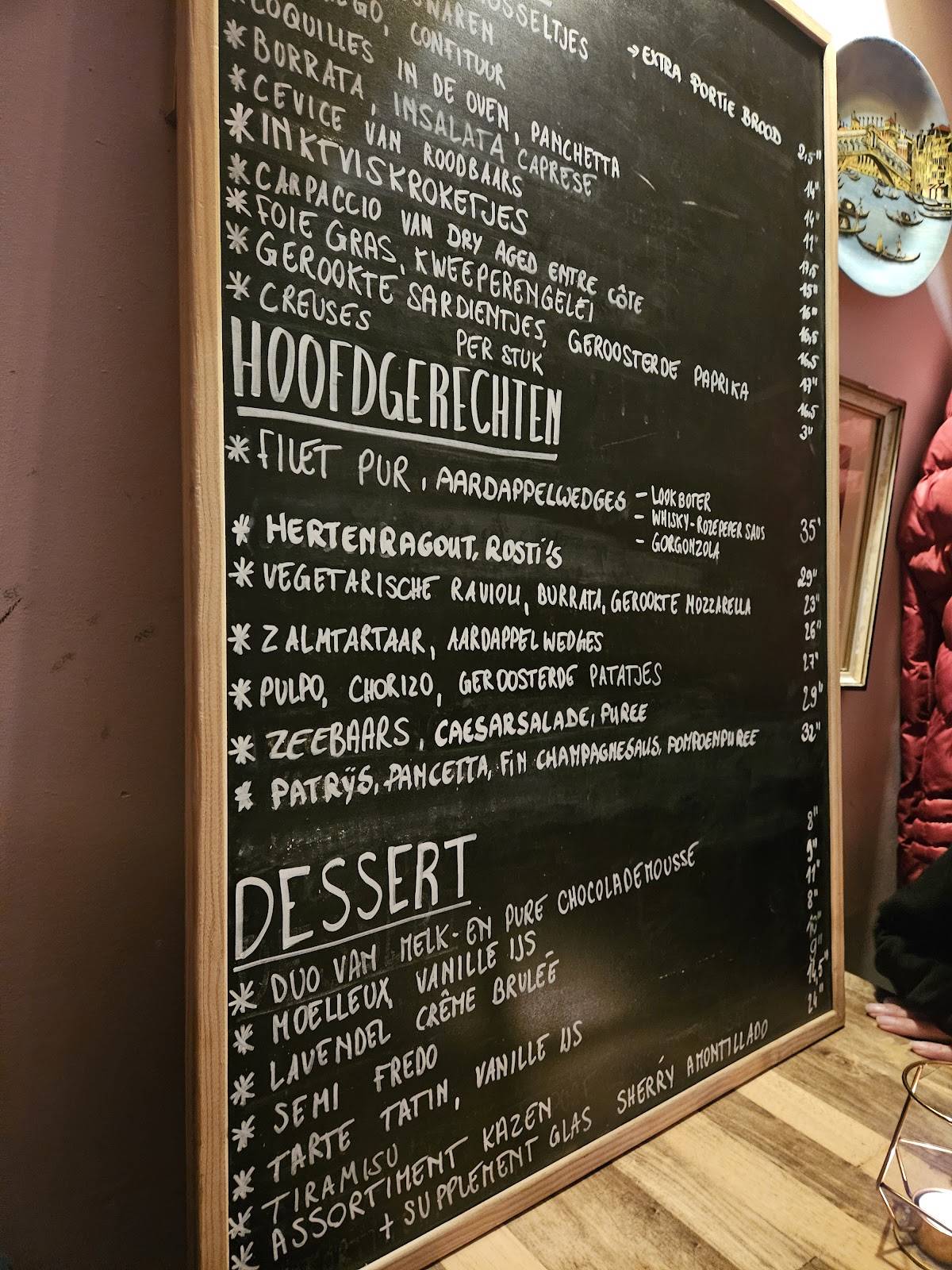 Menu at Staff’s Kantine restaurant, Antwerp, Graaf van Egmontstraat 19