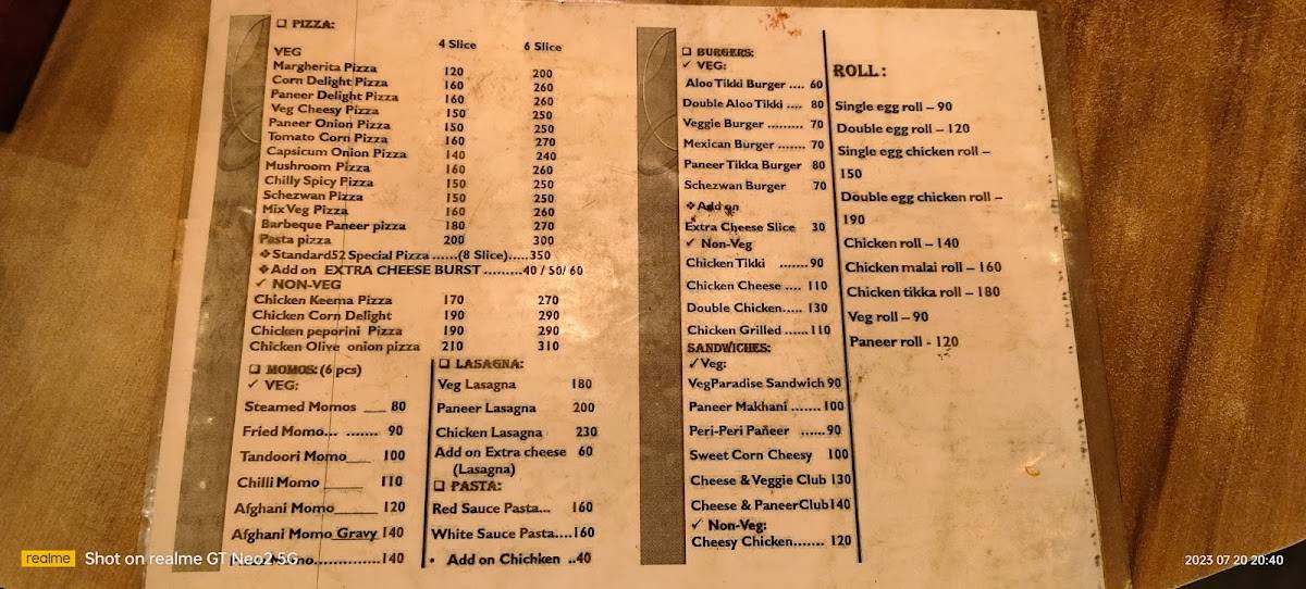 Menu at Standard 52, Arrah, GMR3+C3G