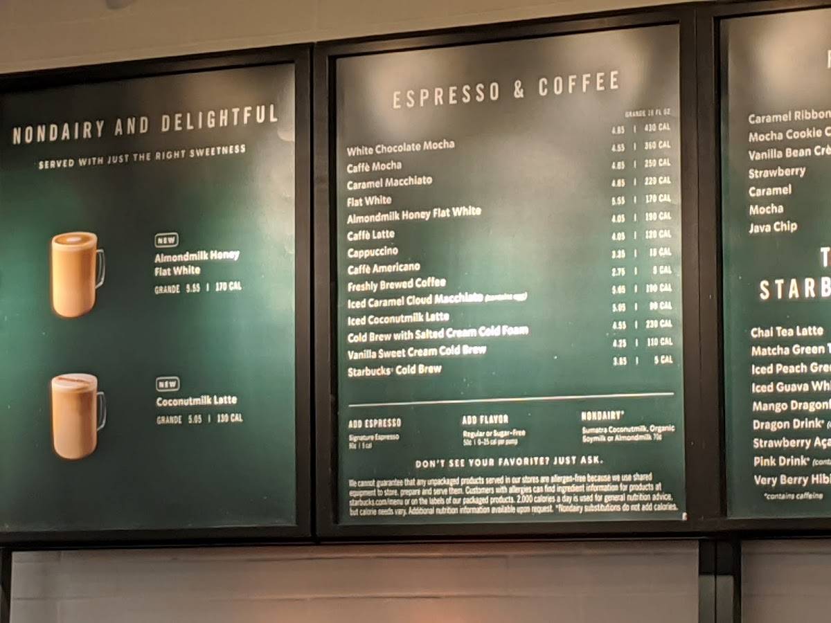 Menu at Starbucks cafe, Castro Valley, Redwood Rd