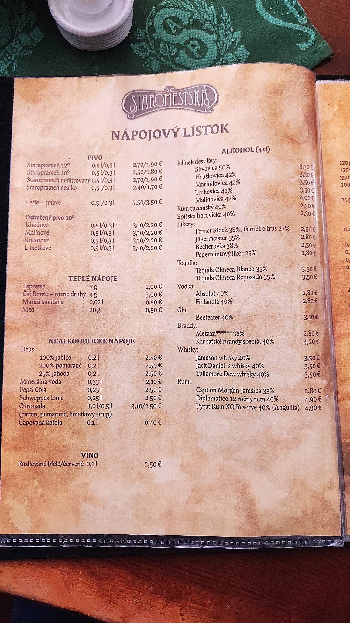 Menu at Staromestská Piváreň pub & bar, Košice