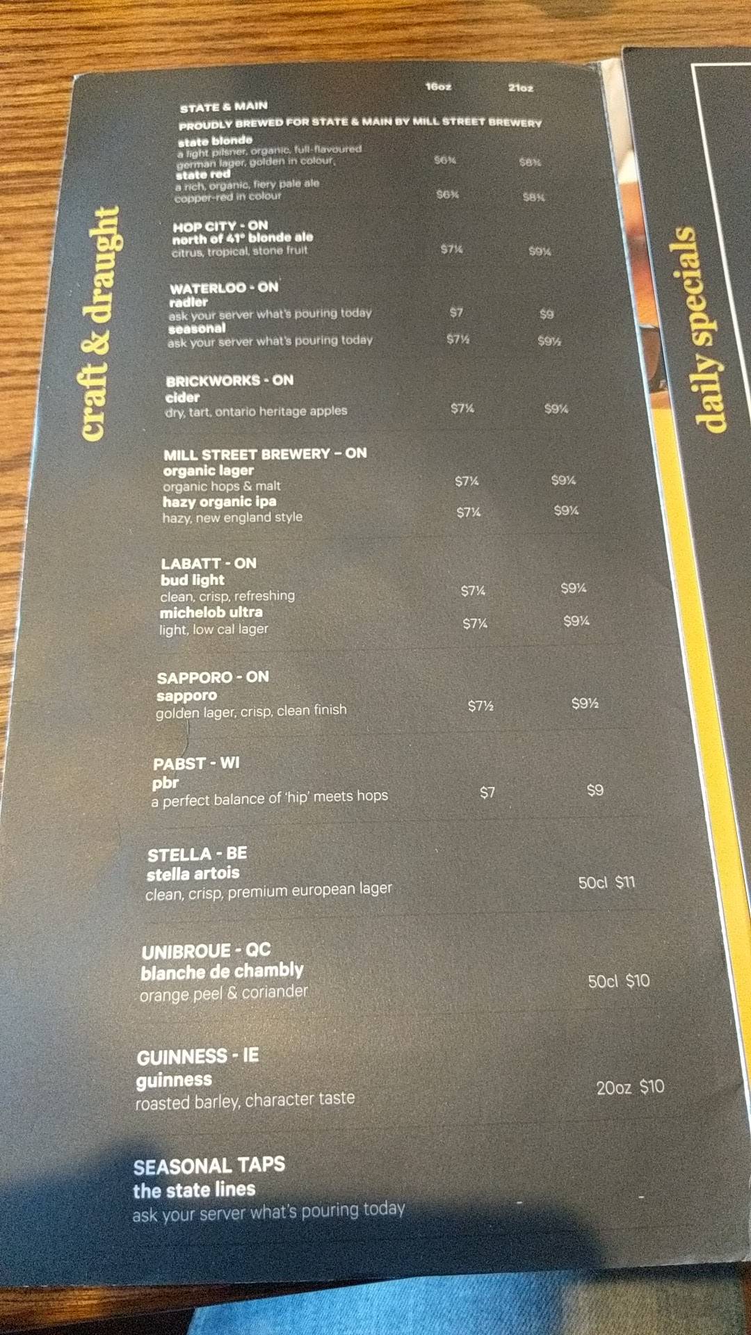Menu at State & Main pub & bar, London