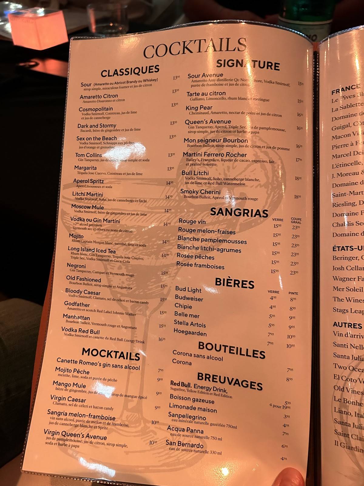 Menu au Steak Avenue restaurant, Québec