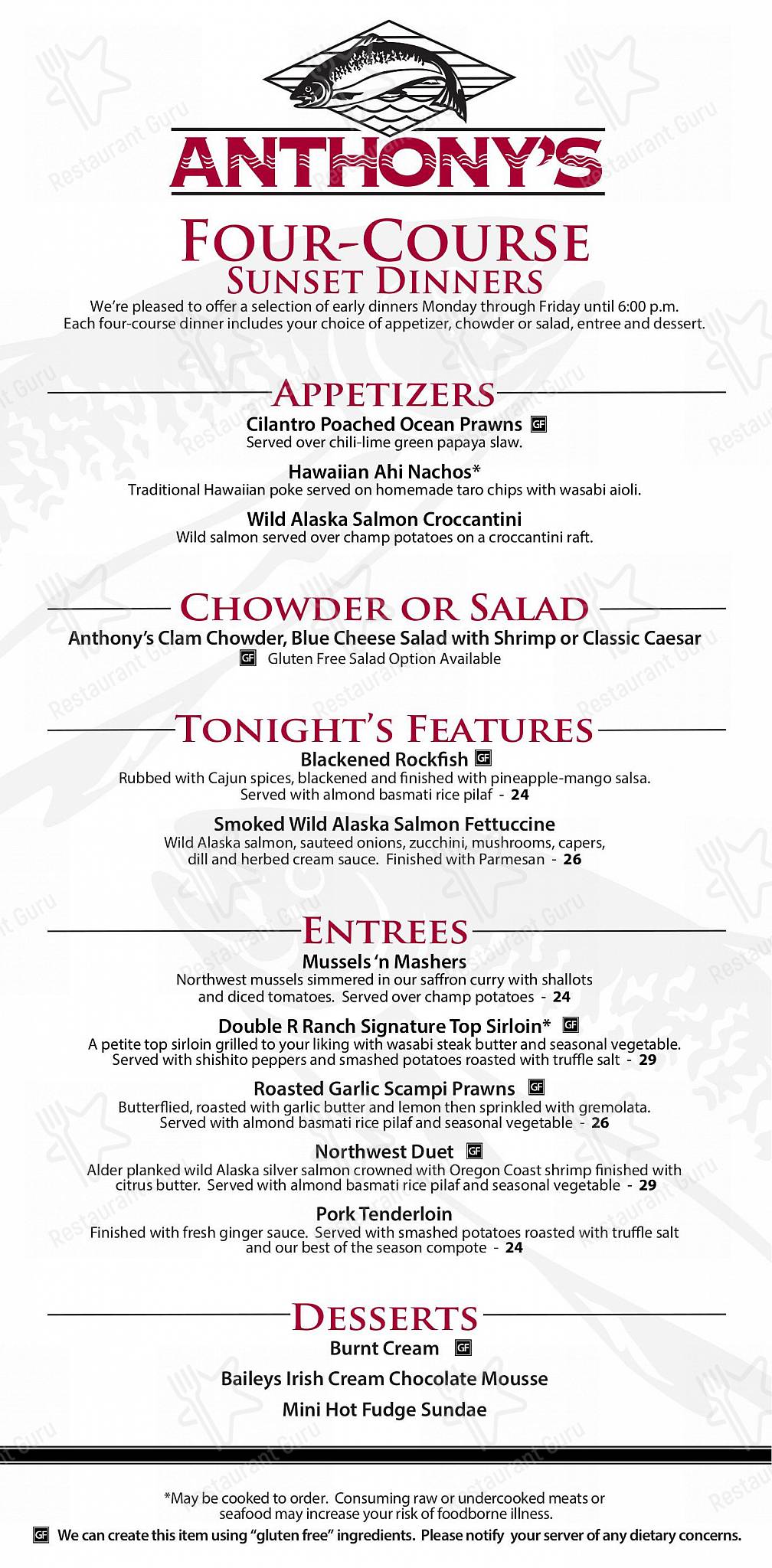 Menu at Anthony's at Spokane Falls steakhouse, Spokane